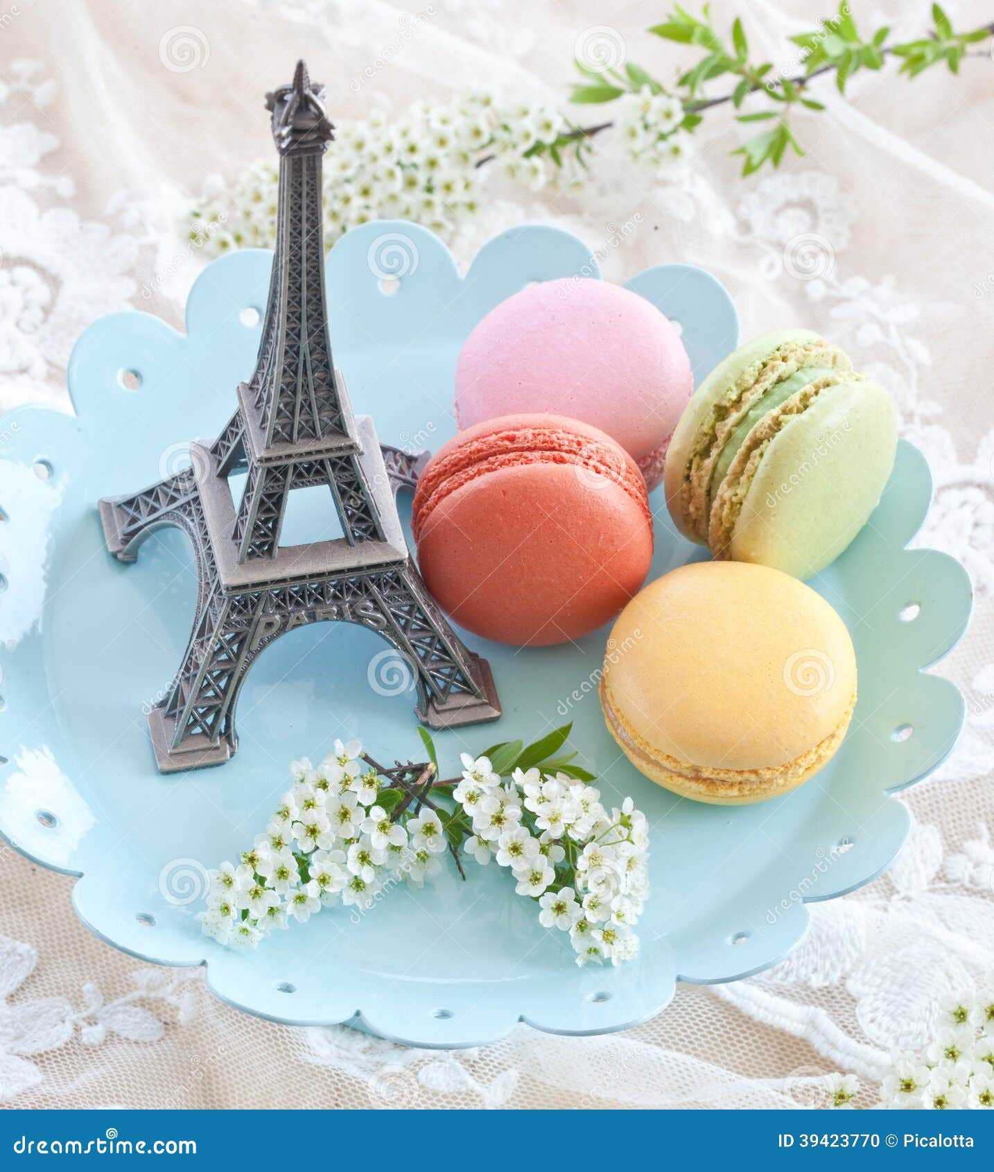 Colorful Macaroons on Blue Plate Stock Photo - Image of blooming ...