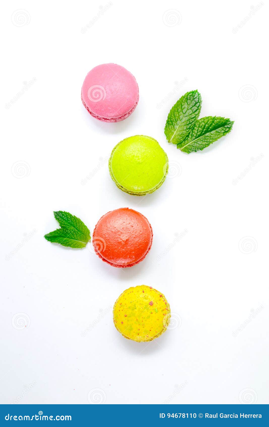 Colorful Macaroons with Peppermint Leaves on White Background. Stock ...