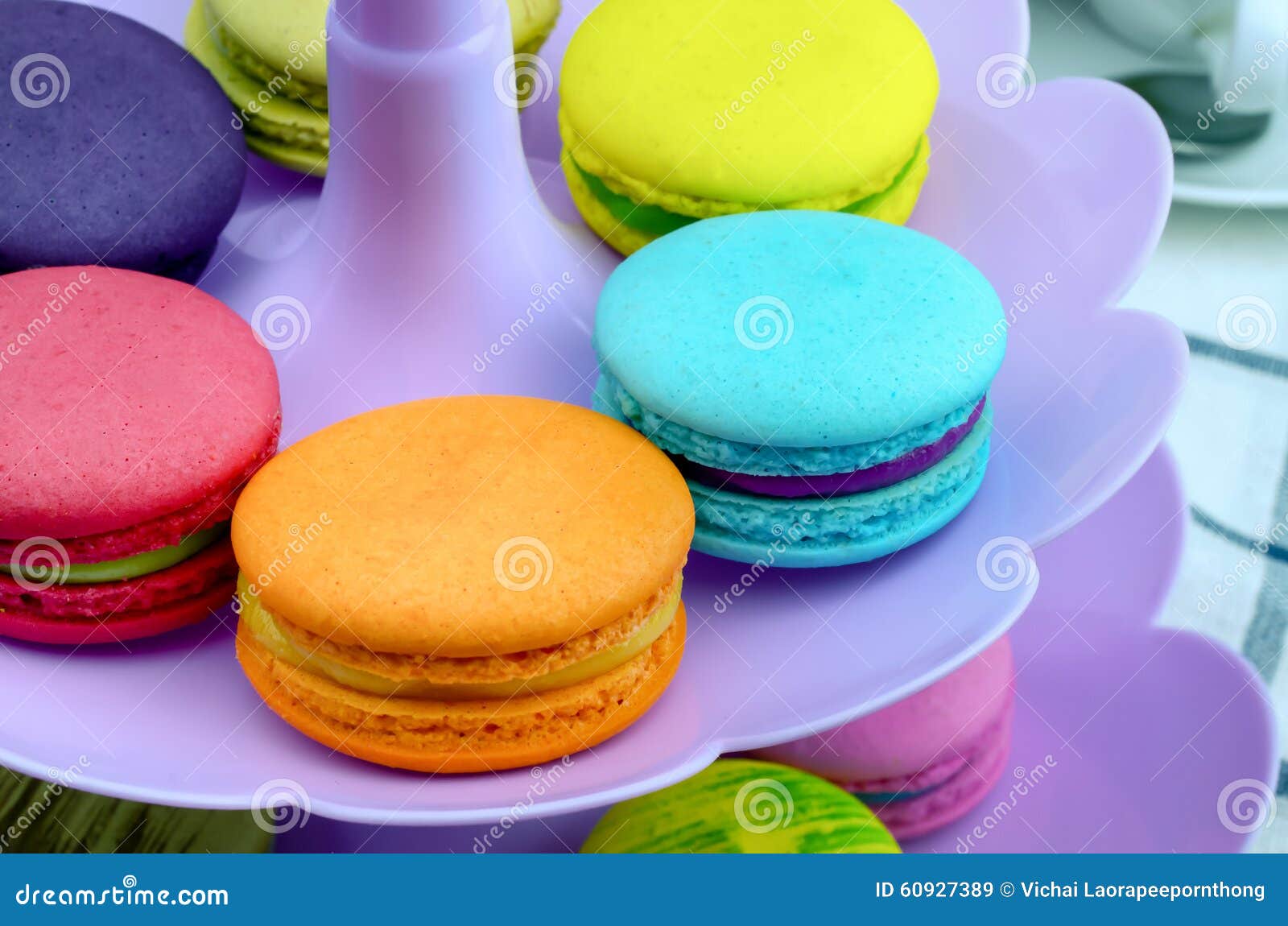 Colorful Macaroons on Purple Plastic Tray Stock Image - Image of metal ...