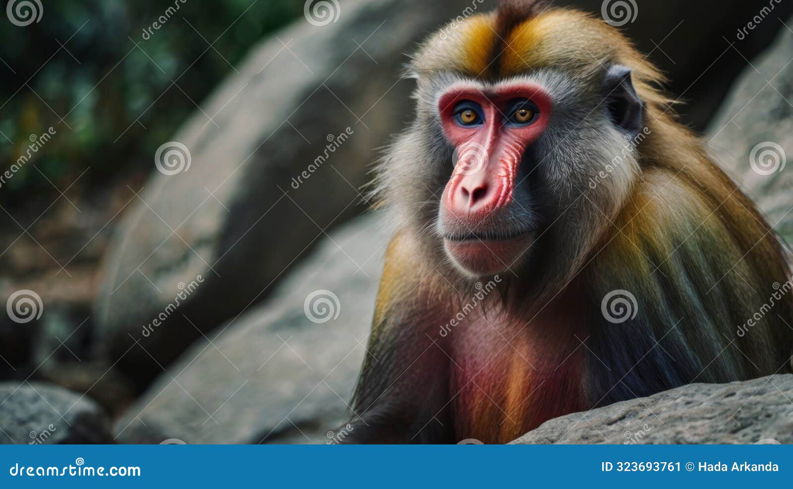 A Colorful Male Mandrill Monkey Sitting on a Rock, Looking Attentively ...