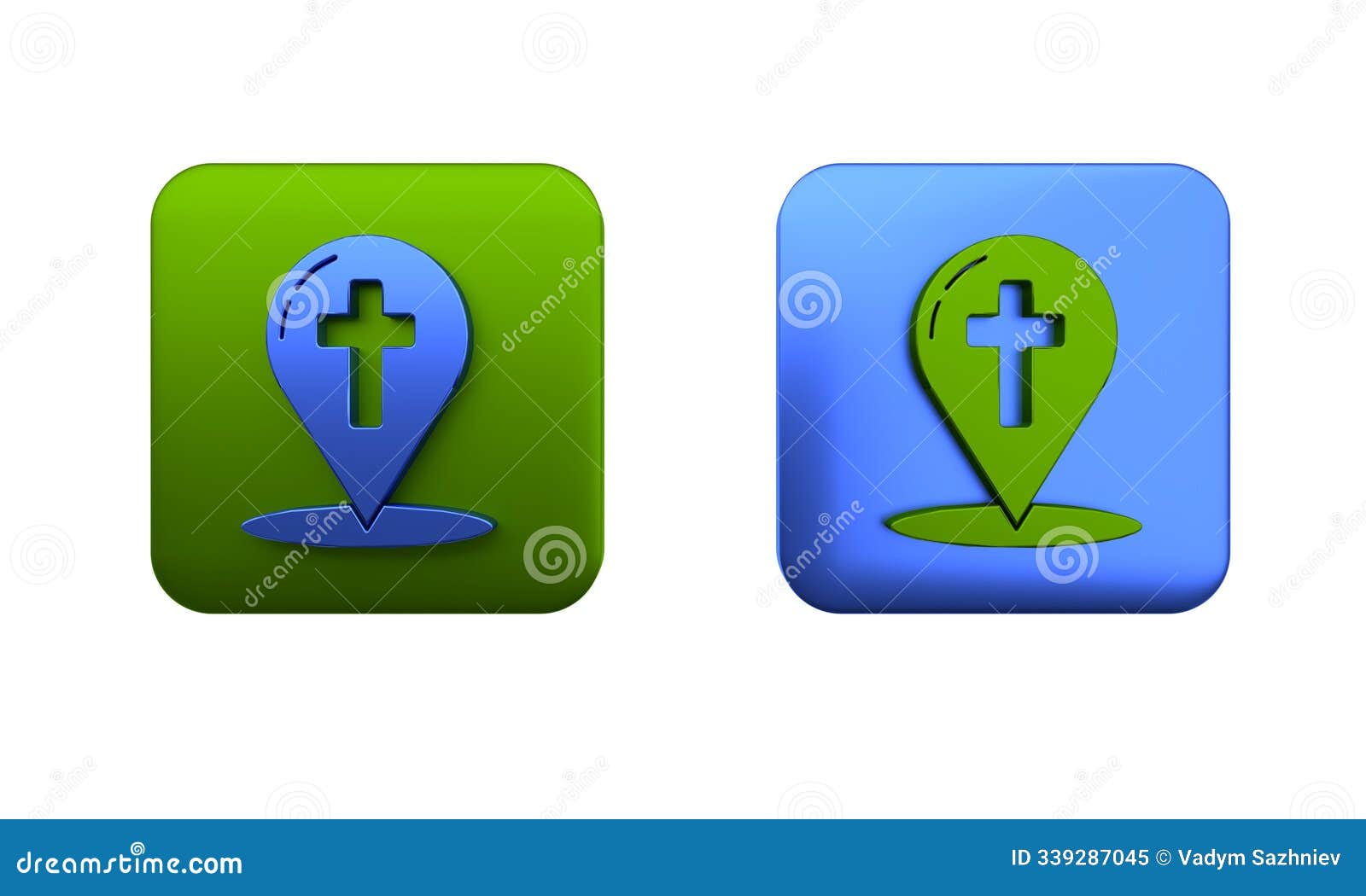 Colorful Map Pointer with Christian Cross Icon Isolated on White ...