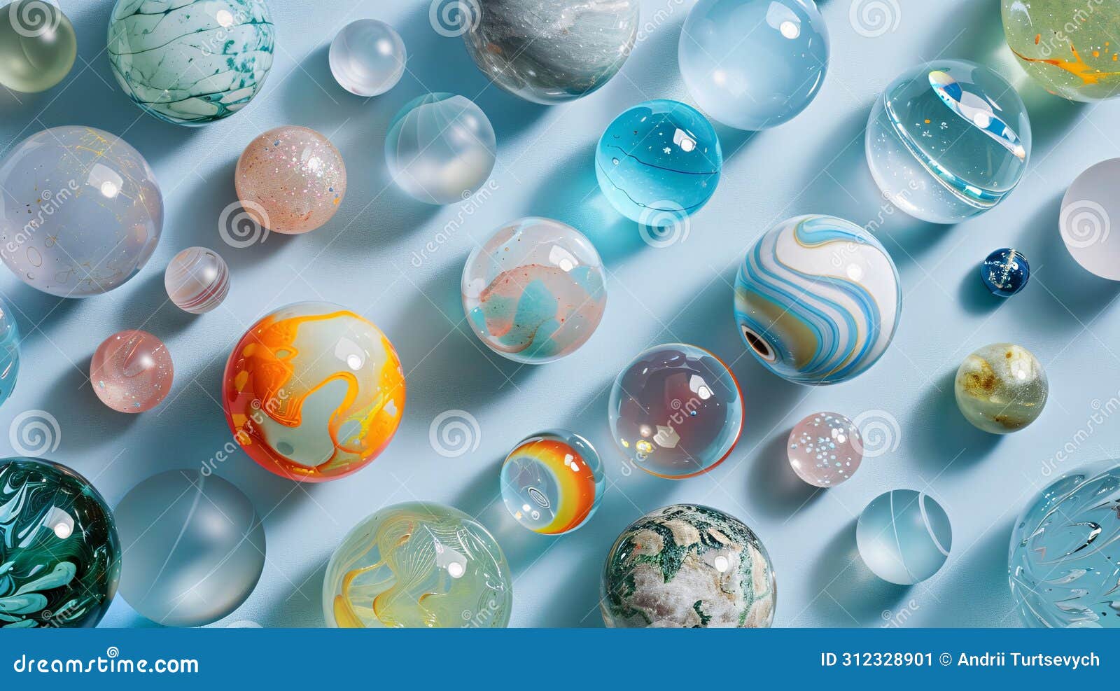 Colorful Marbles Collection: Playful Patterns on Light Blue Surface ...