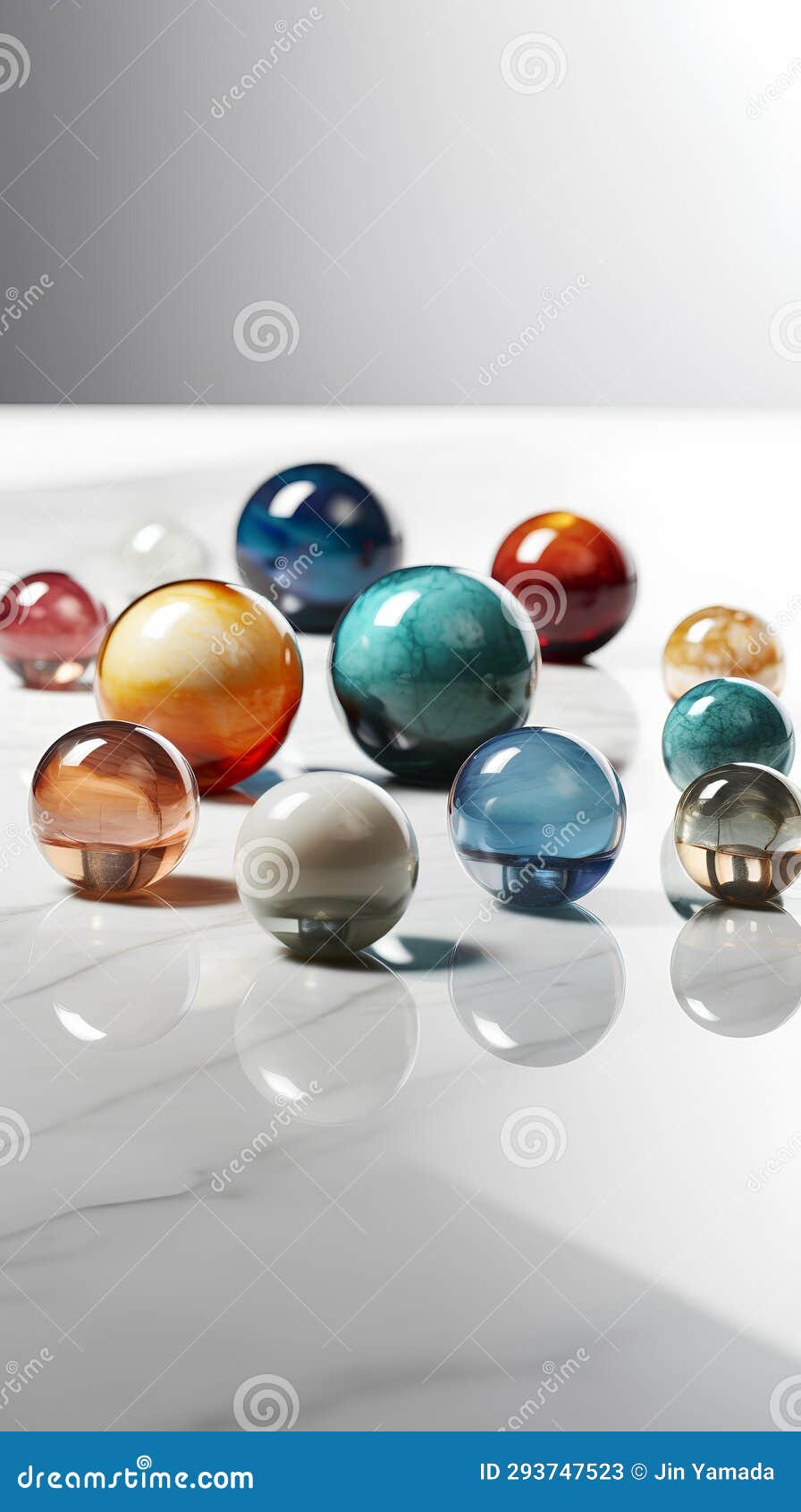Colorful Marbles on White Marble Surface with Reflection, Shallow Depth ...