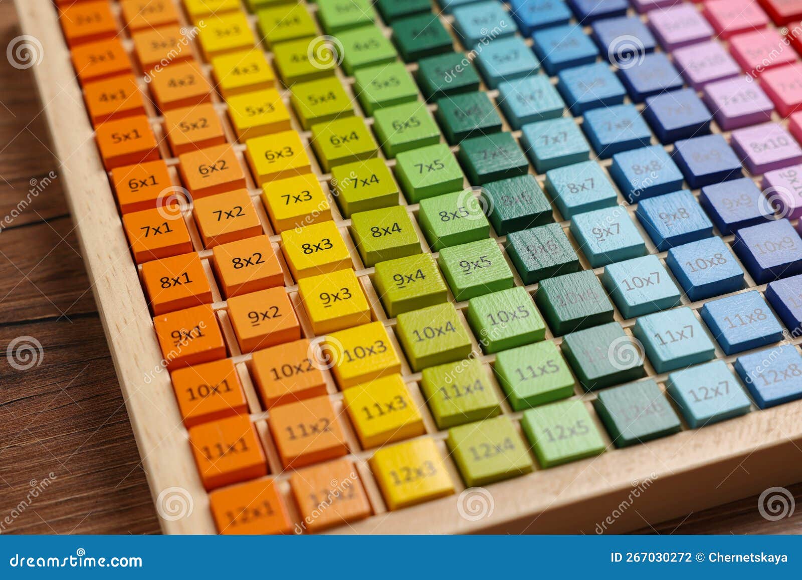 Colorful Math Game Kit with Arithmetical Tasks on Wooden Table, Closeup ...