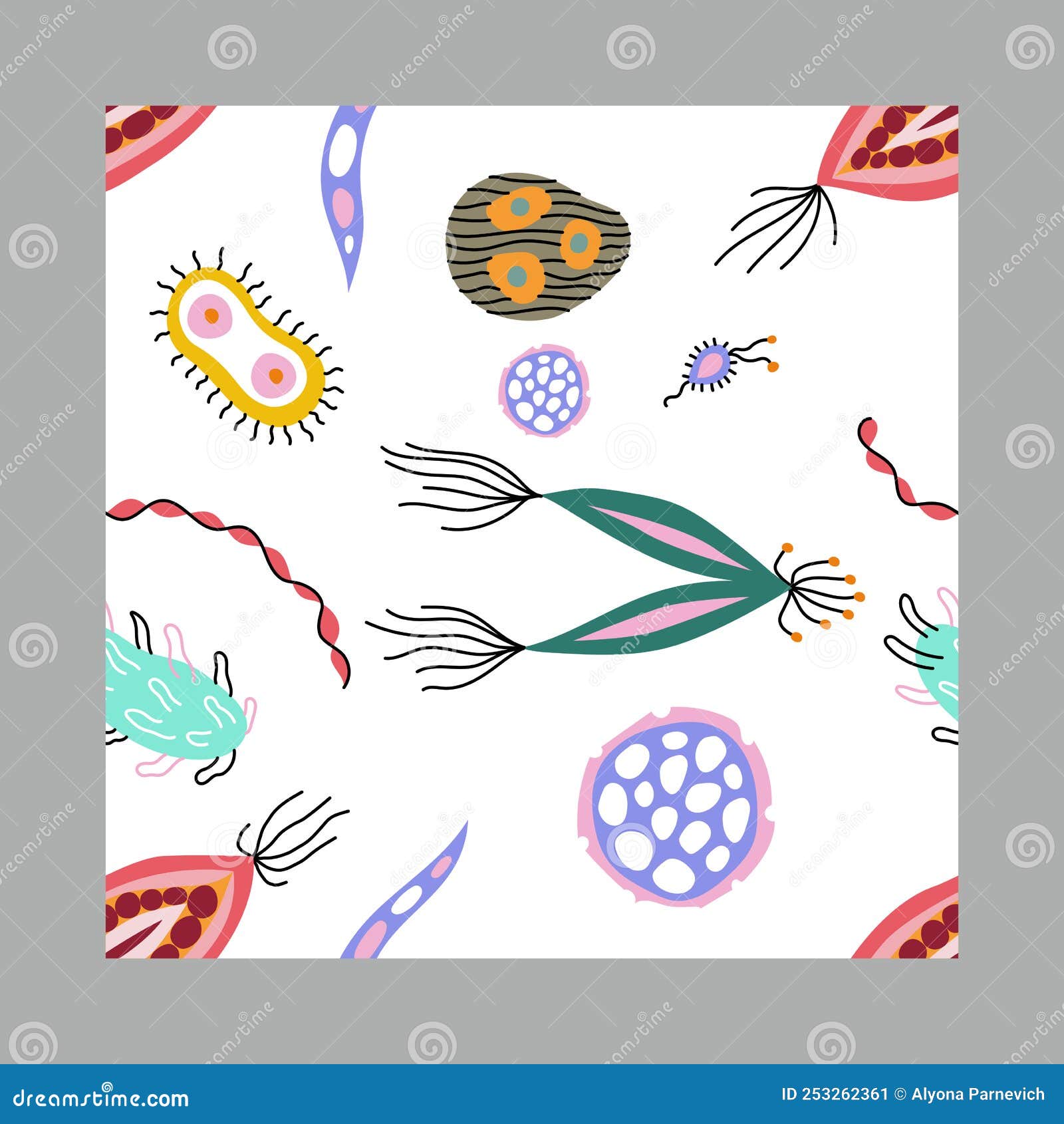 Colorful Medical Seamless Pattern with Cute Doodle Bacterias, Microbs ...