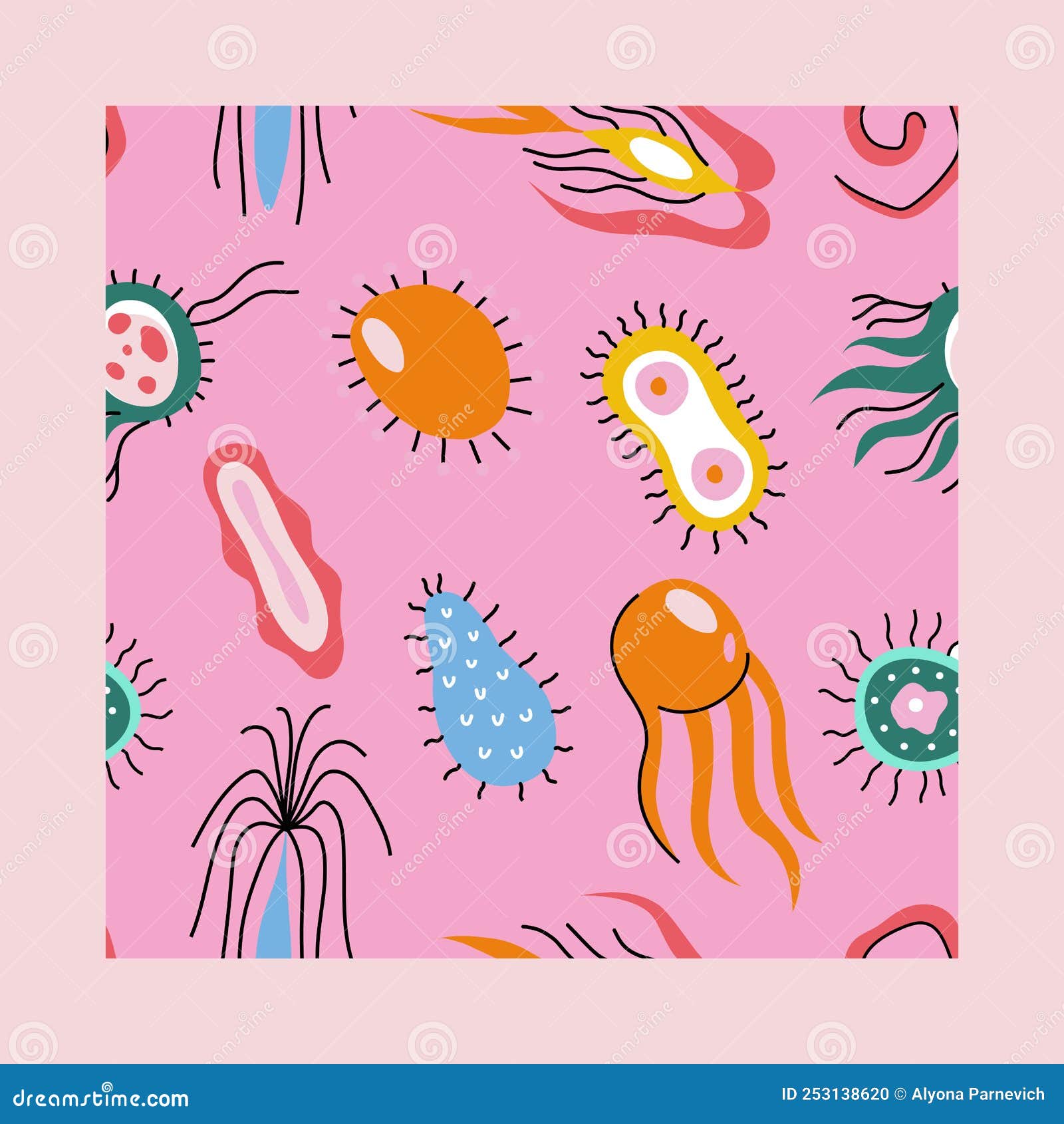 Colorful Medical Seamless Pattern with Cute Doodle Bacterias, Microbs ...