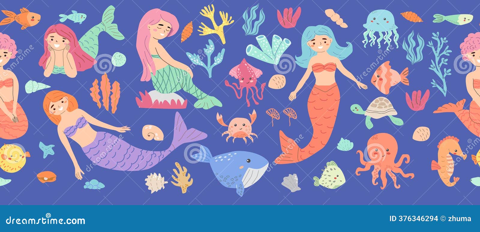 Colorful Mermaid With Muraena Fish Illustration Cartoon Vector ...