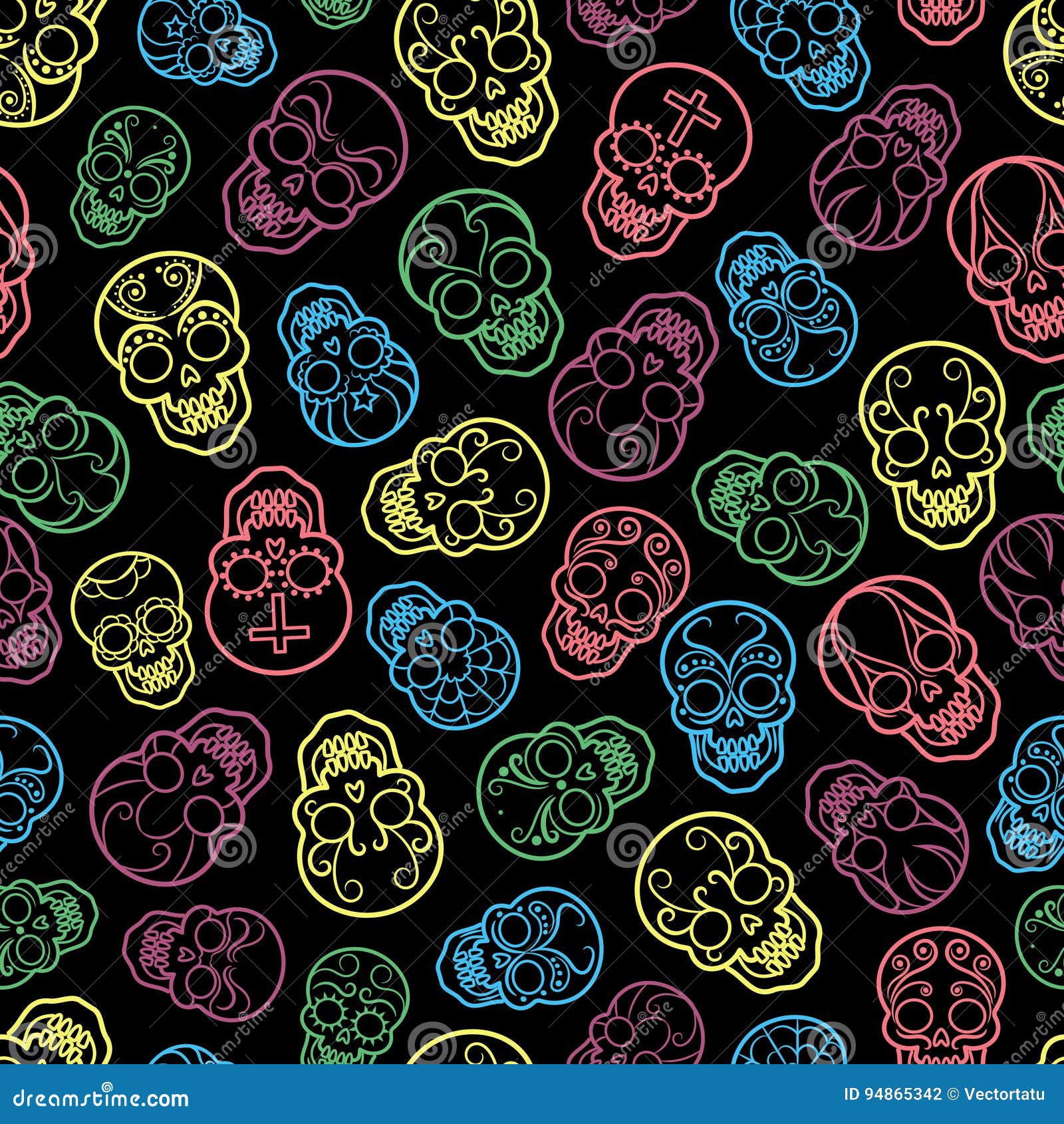 Colorful Mexican Skulls Seamless Pattern Stock Vector - Illustration of ...