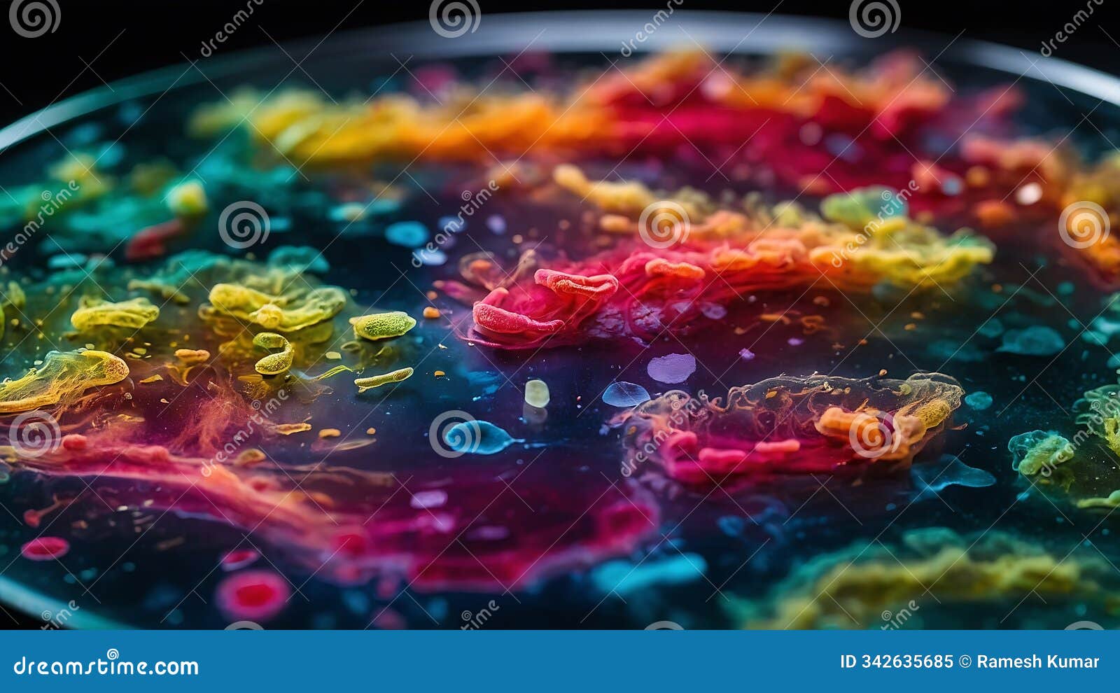 Colorful Microbial Growth in a Petri Dish Under Vibrant Lighting in a ...