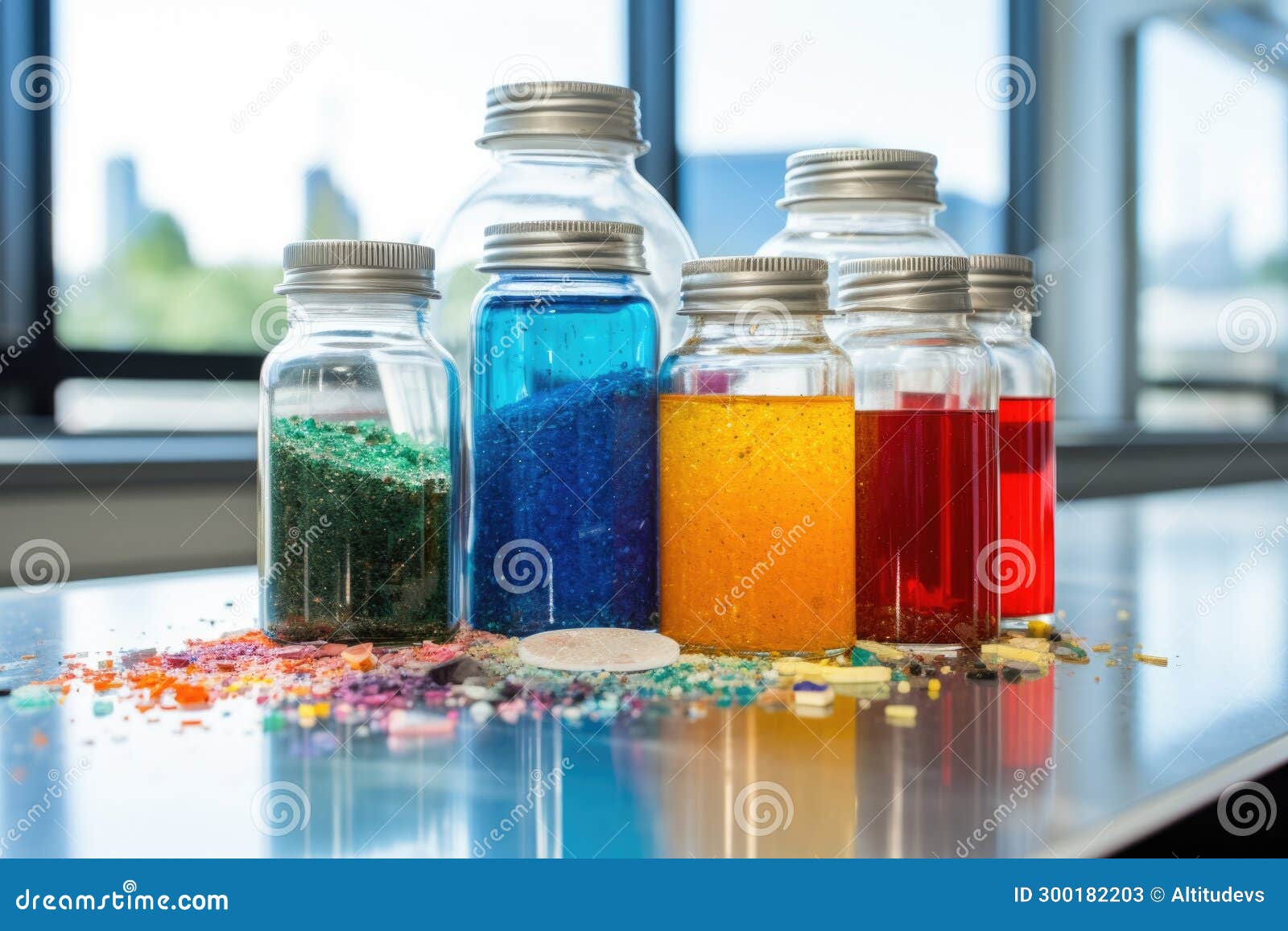 Colorful Microplastics Collected in a Glass Jar on a Lab Table Stock ...