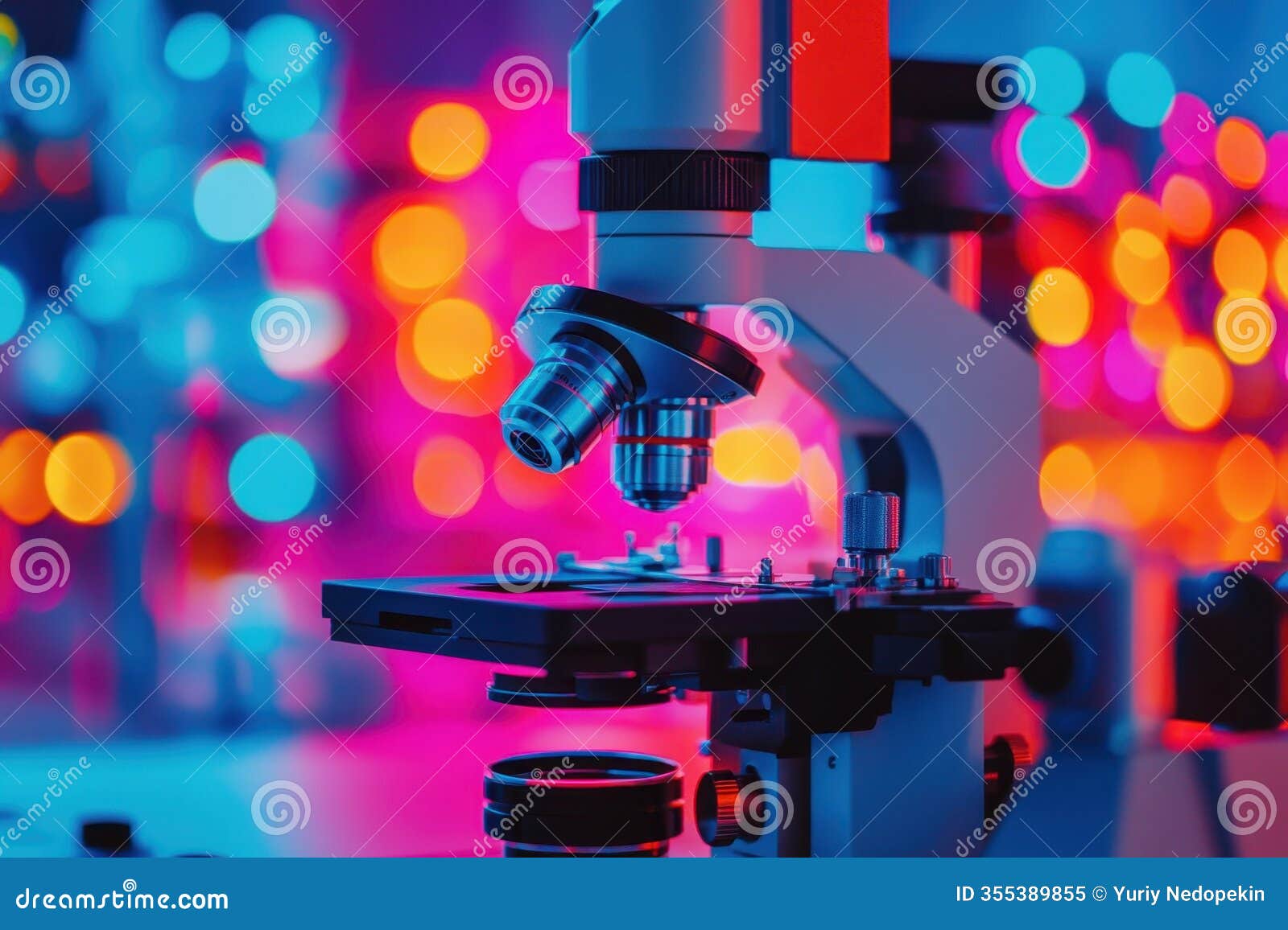 Colorful Microscope on Laboratory Table with Vibrant Bokeh Background ...
