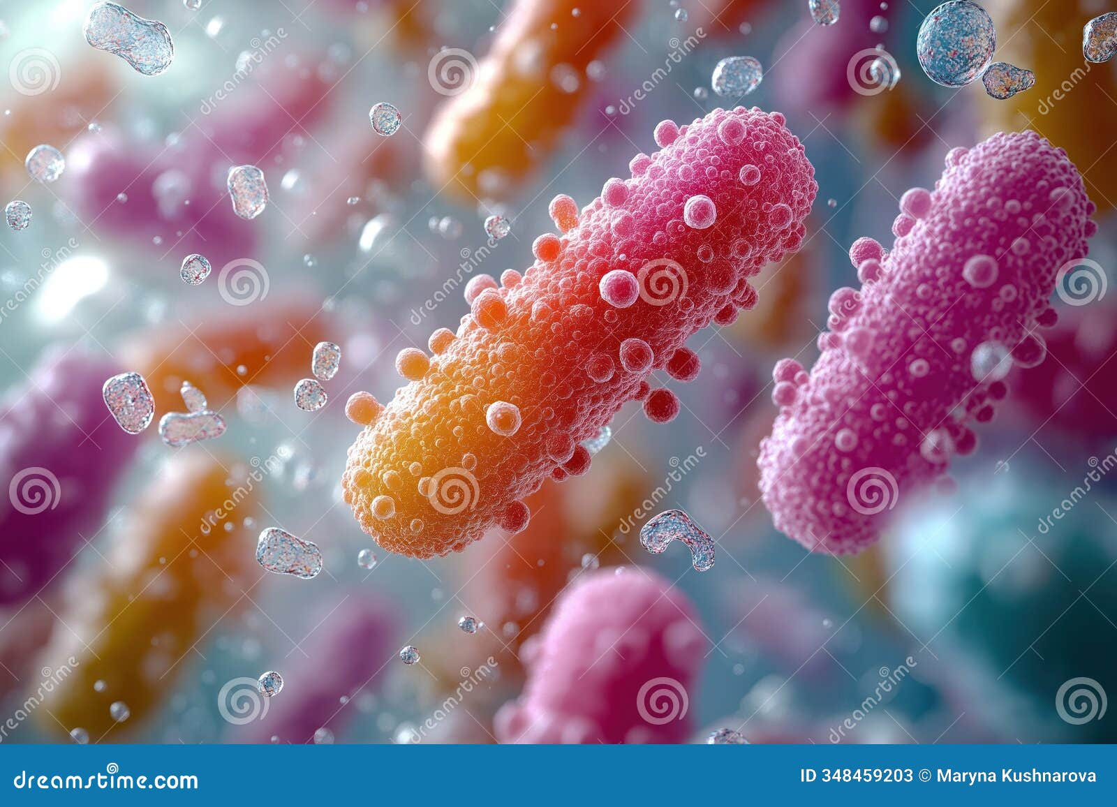 Colorful Microscopic Bacteria in 3D Illustration. Probiotic Bacteria ...