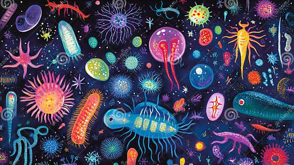 Colorful Microscopic Life Forms in a Cosmic Background Design Stock ...