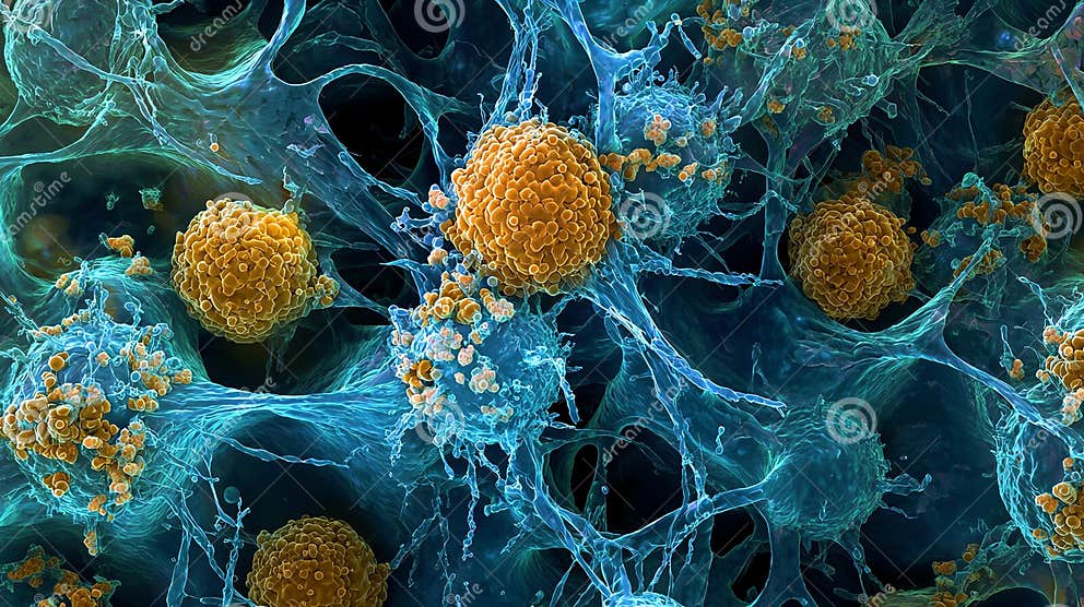 Colorful Microscopic View of Cells and Structures, Dark Background ...