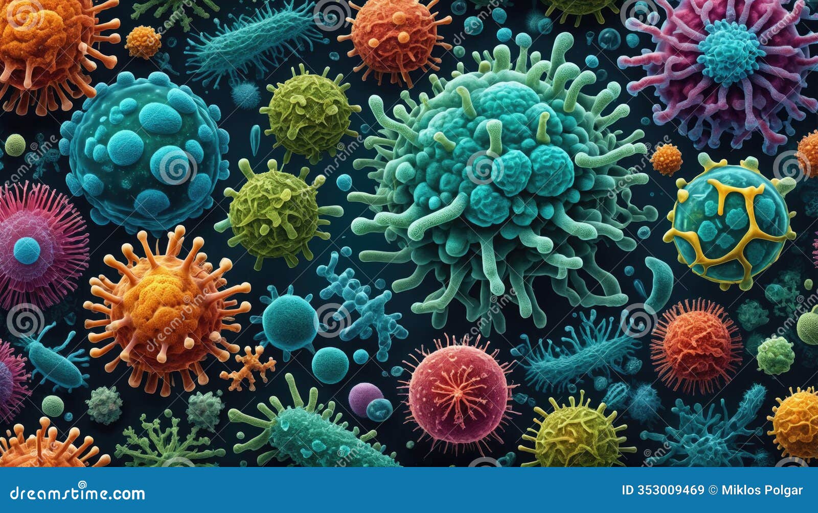 Colorful Microscopic View of Diverse Bacteria and Viruses in a ...