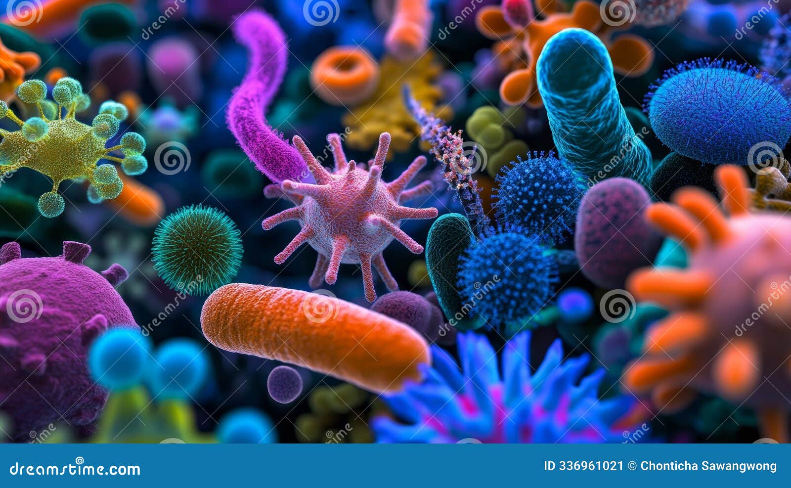 Colorful Microscopic View of Diverse Microorganisms, Showcasing the ...