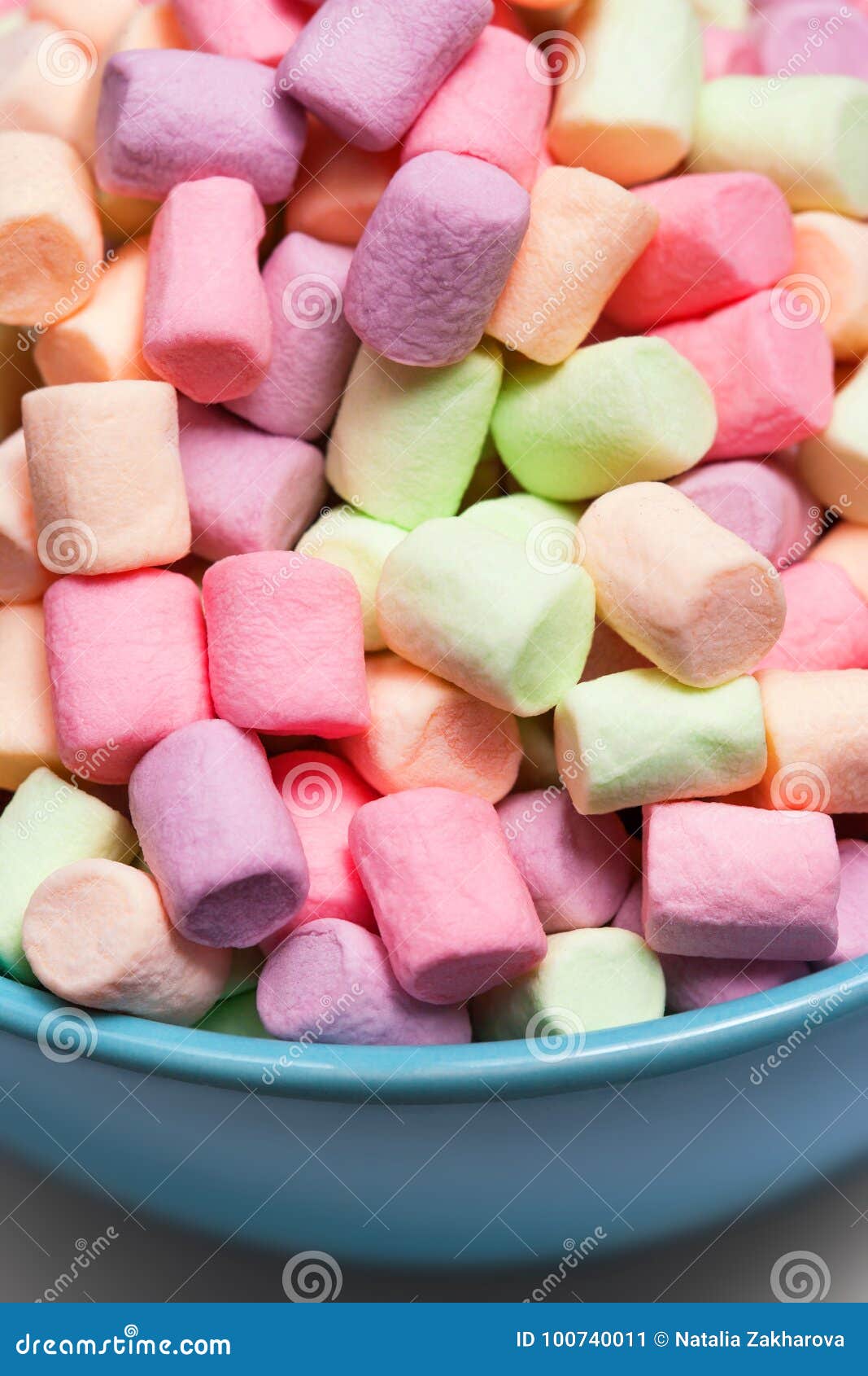 Colorful Mini Marshmallows in a Blue Bowl As Background, Macro. Stock ...