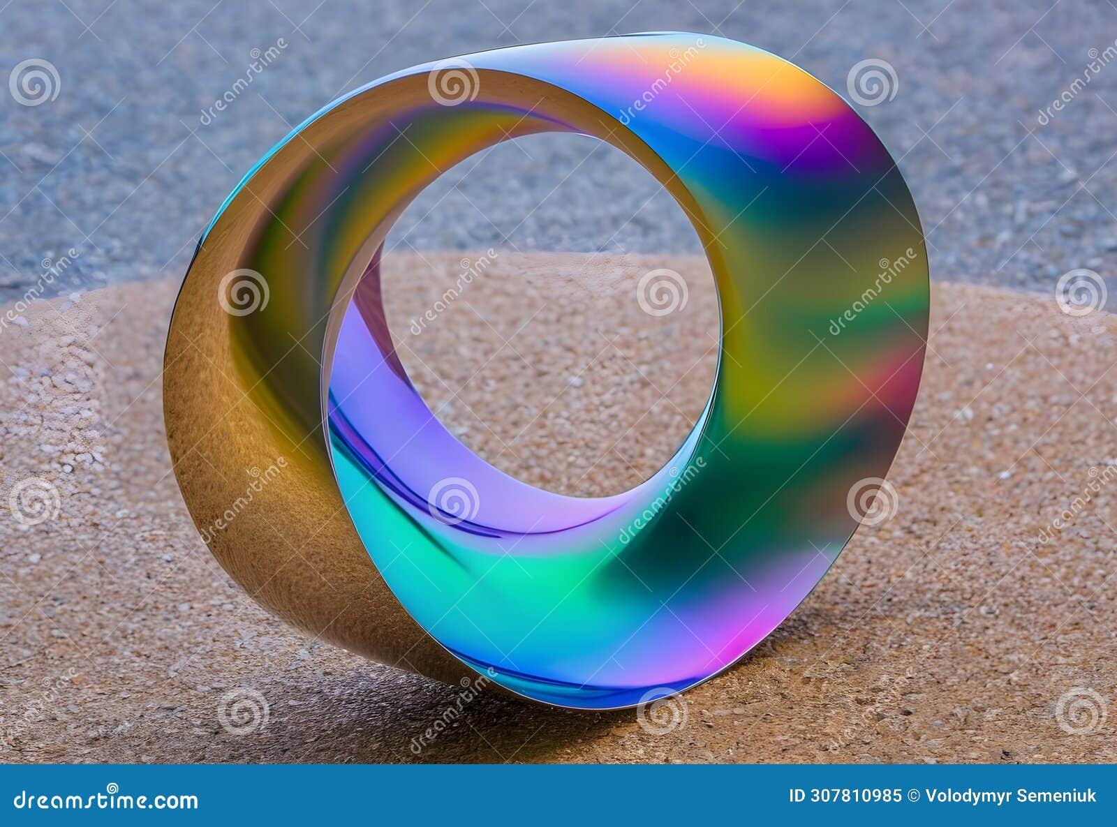 Colorful Mobius Strip with Chrome Effect Displayed on a Sandy Surface ...