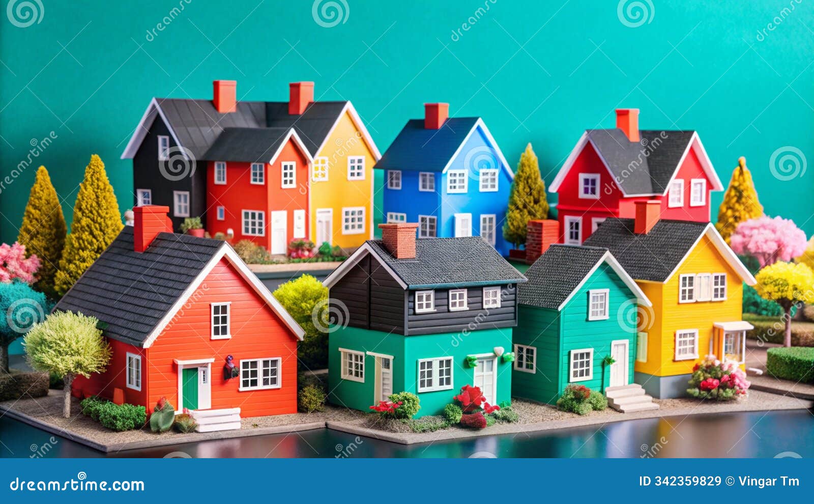 Colorful Model Houses In Scandinavian Style Standing On Light Blue ...