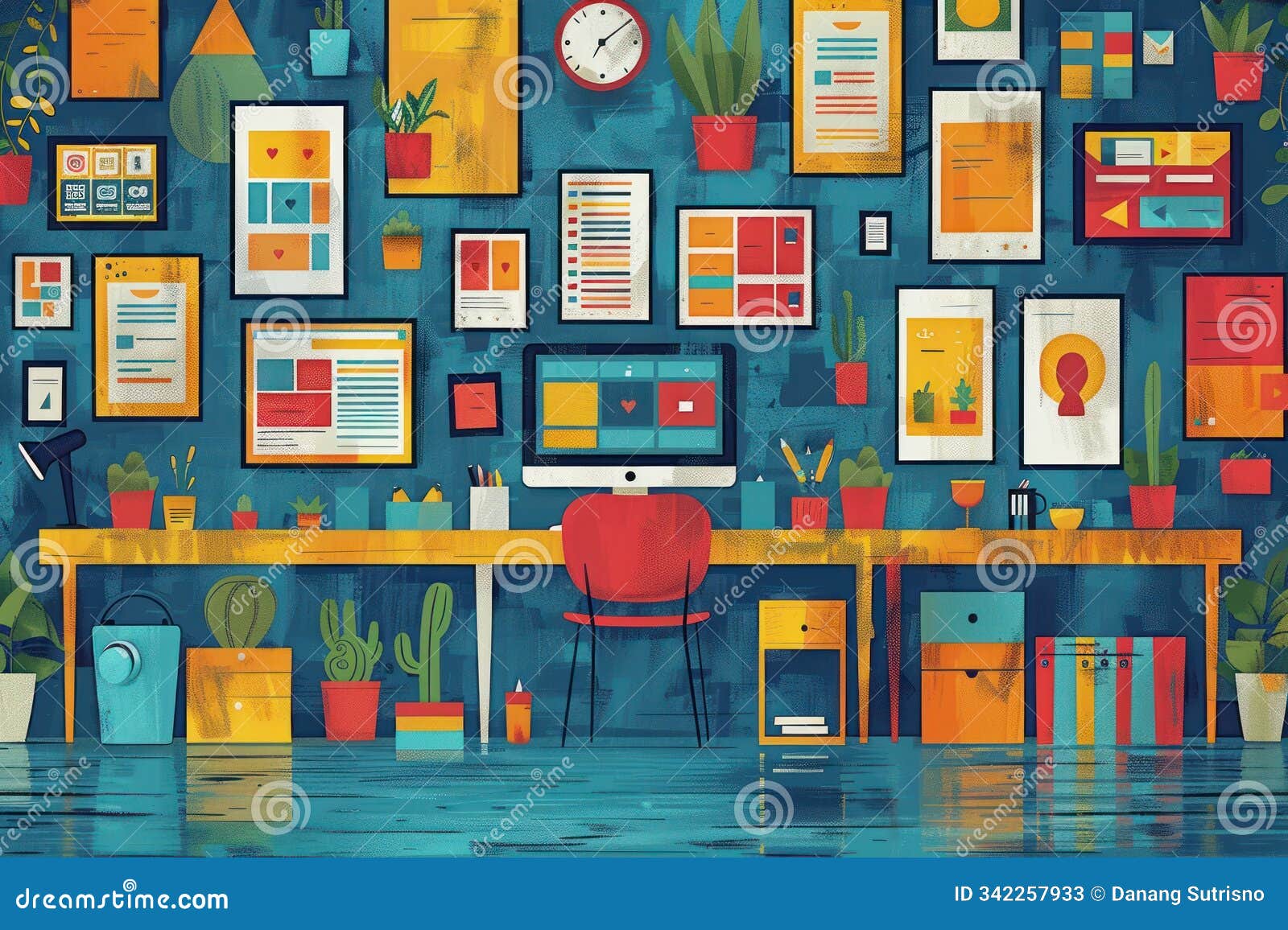 A Colorful, Modern Workspace with a Computer, Desk, Chair, and Plants ...