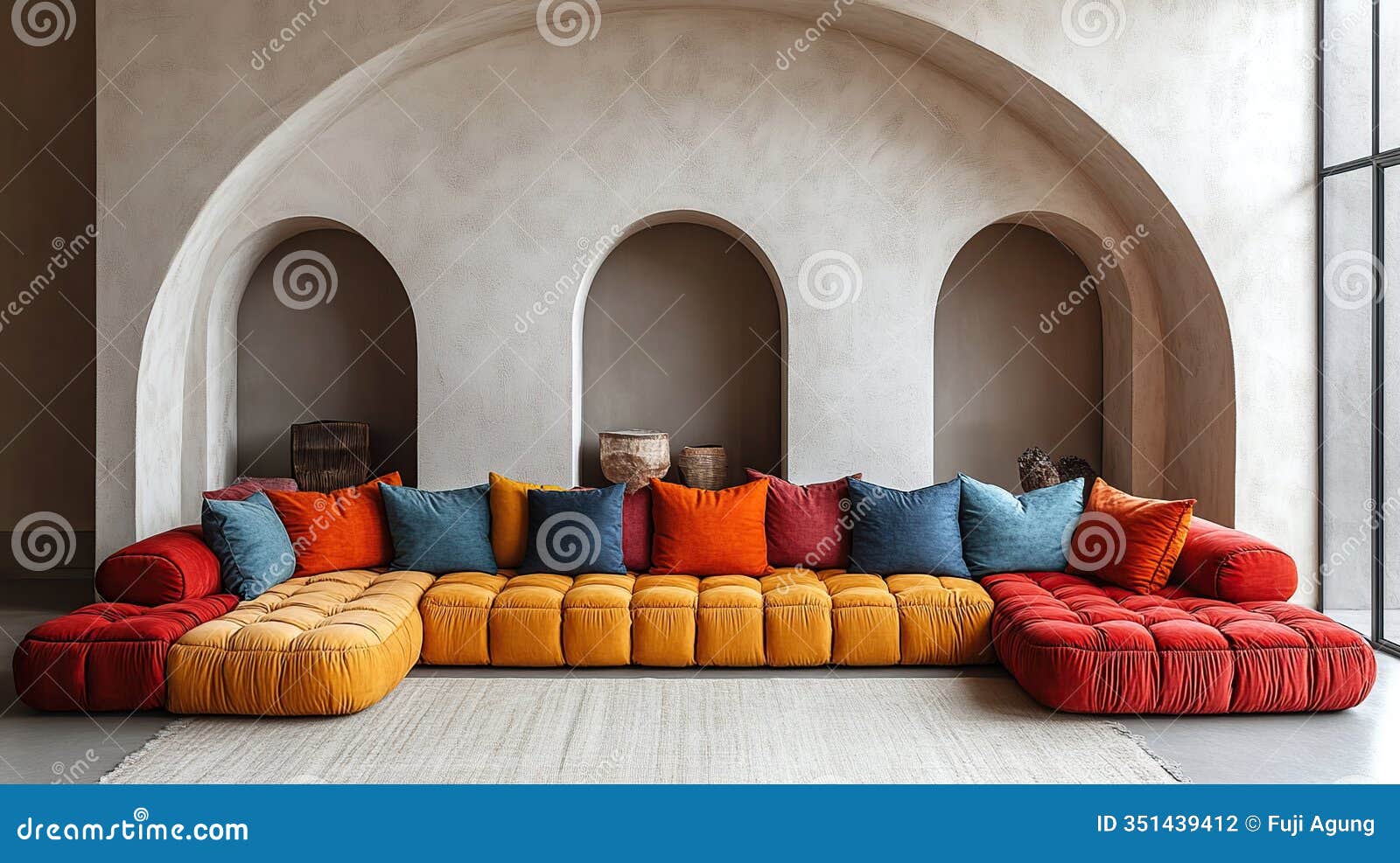 Colorful Modular Sofa In A Modern Minimalist Room With Arched Alcoves ...