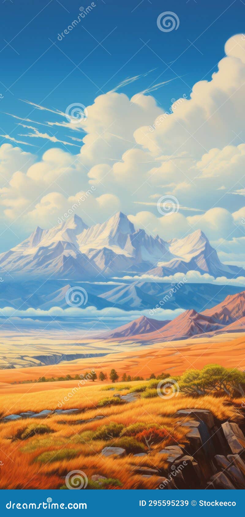 Colorful Moebius-inspired Mountain Scene with Clouds Stock Illustration ...