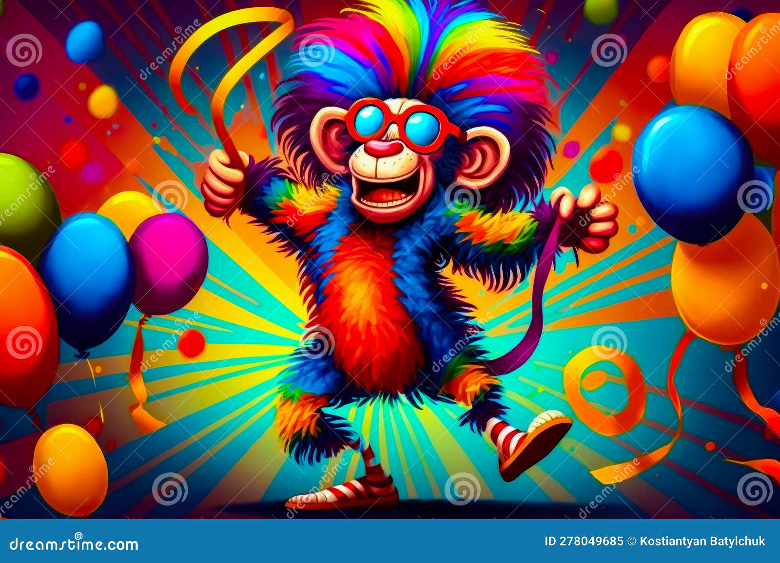 Colorful Monkey Dancing with Balloons and Streamers in the Background ...