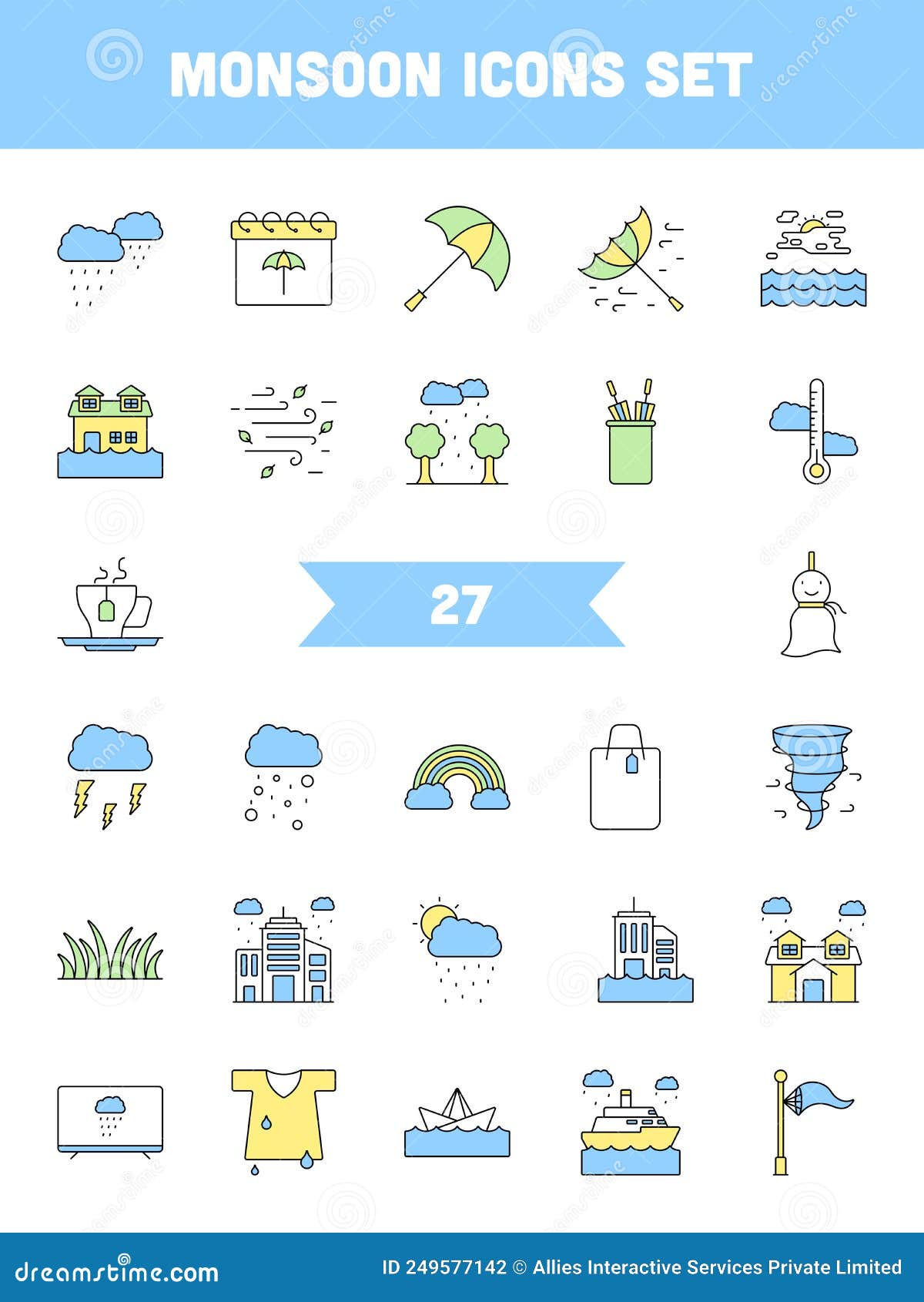 Colorful Monsoon Icons Set in Flat Style Stock Illustration ...