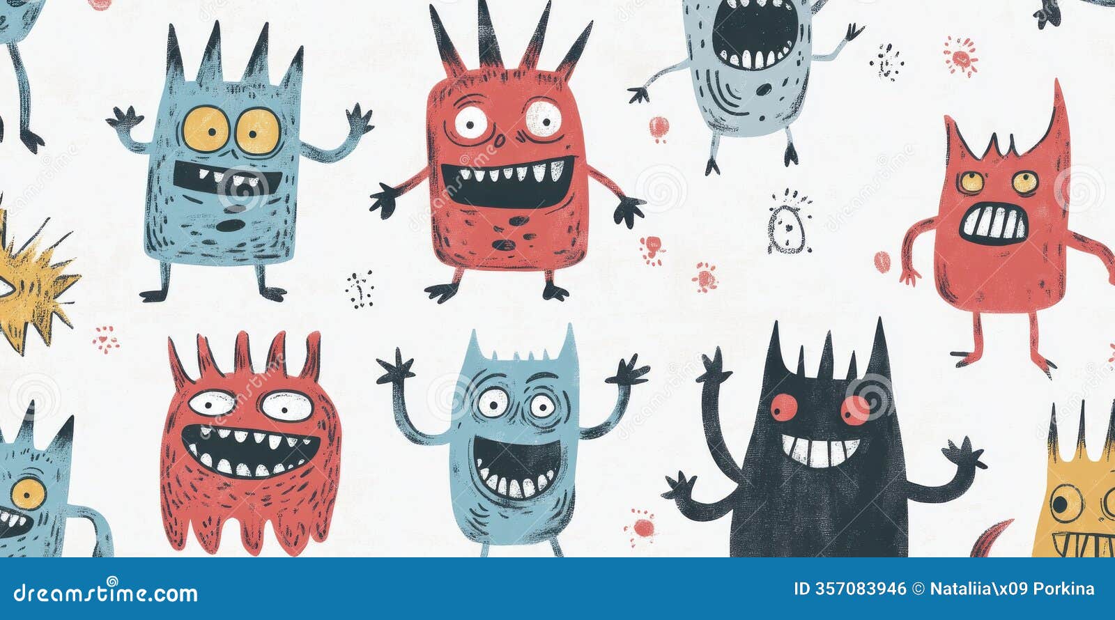 Colorful Monster Pattern with Diverse Characters and Expressions on ...