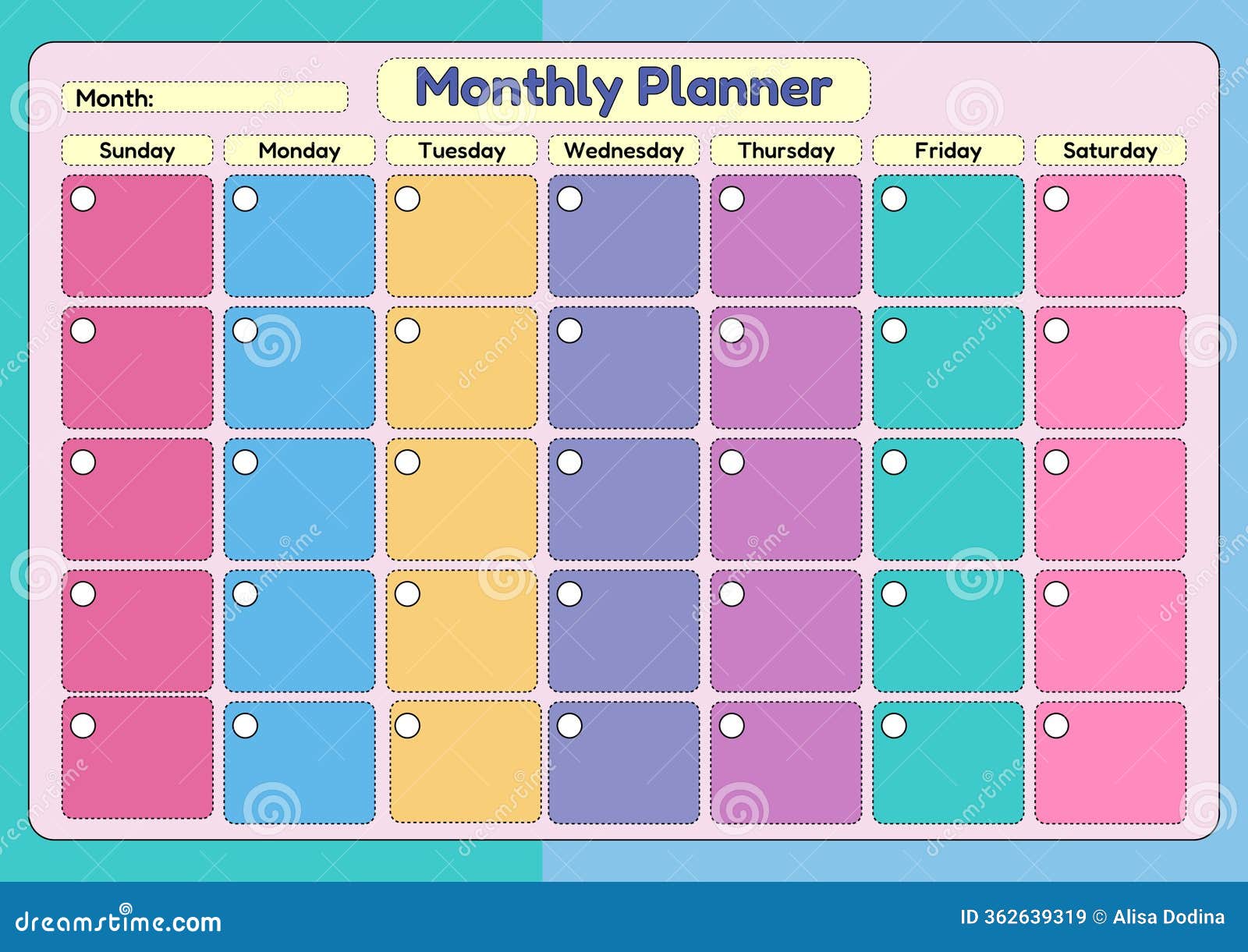Colorful Monthly Planner Template with Blank Calendar Grid Stock ...
