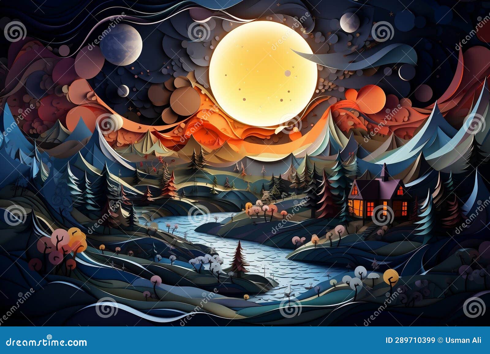 Colorful Moon Night in a Paper Landscape. AI Stock Illustration ...