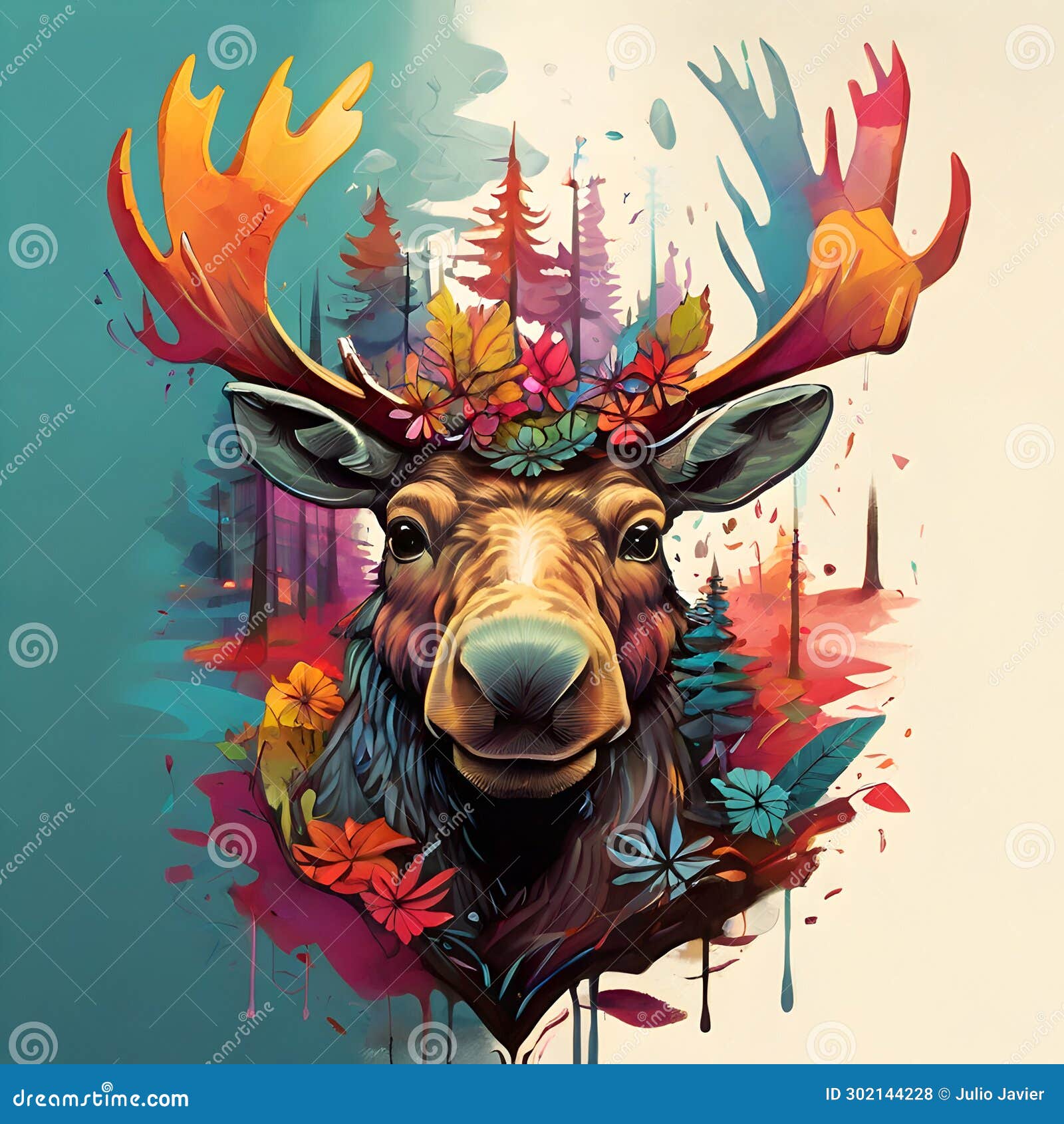 Colorful Moose Head with Colorful Forest Theme Stock Photo - Image of ...