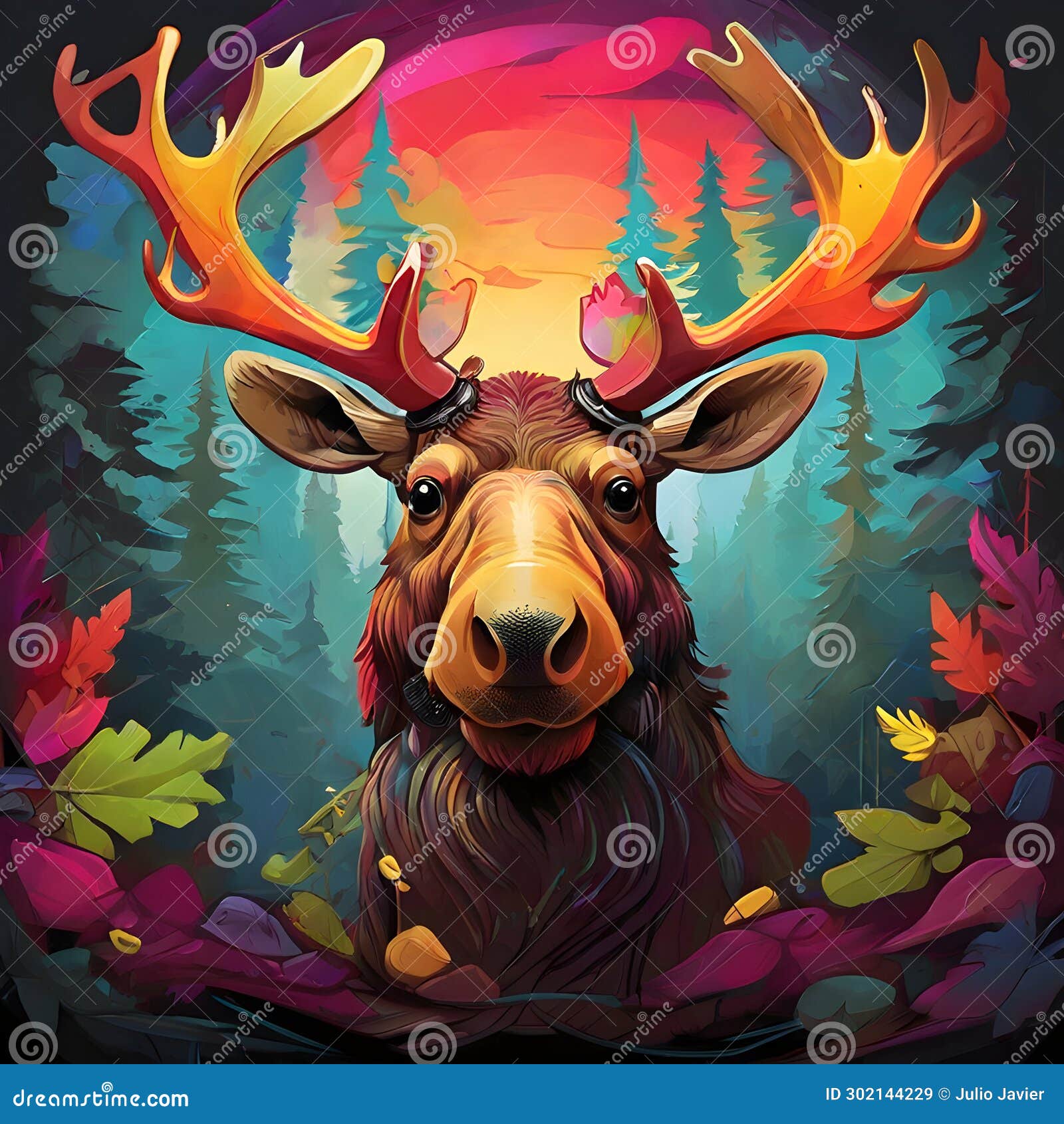 Colorful Moose Head with Colorful Forest Theme Stock Image - Image of ...
