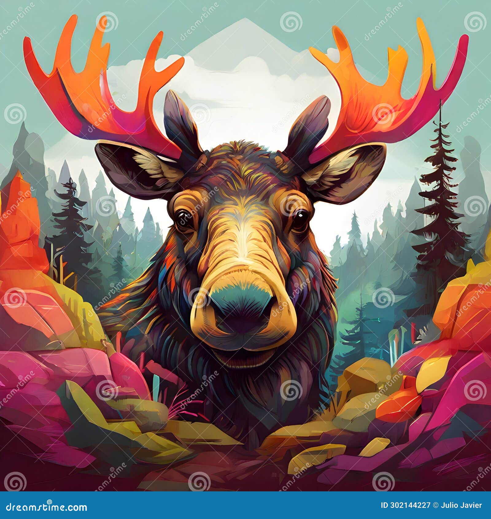 Colorful Moose Head with Colorful Forest Theme Stock Image - Image of ...