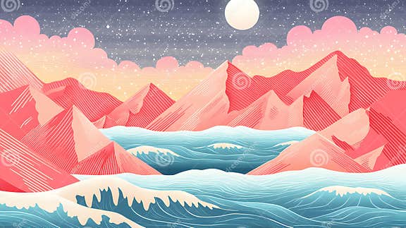 Colorful Mountains and Waves Under a Full Moon Stock Image - Image of ...