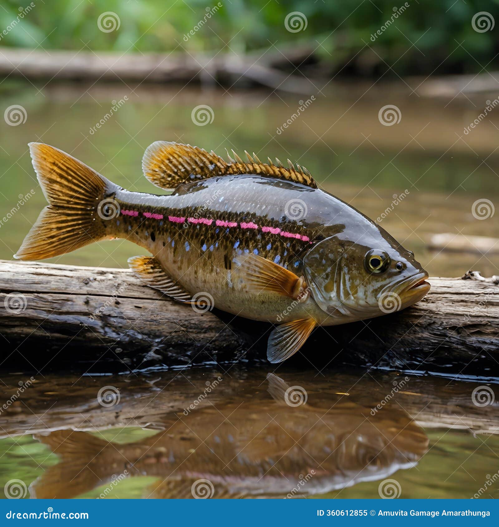 Colorful Mud Sunfish Lying Calmly on a Log in a Murky Creek ...