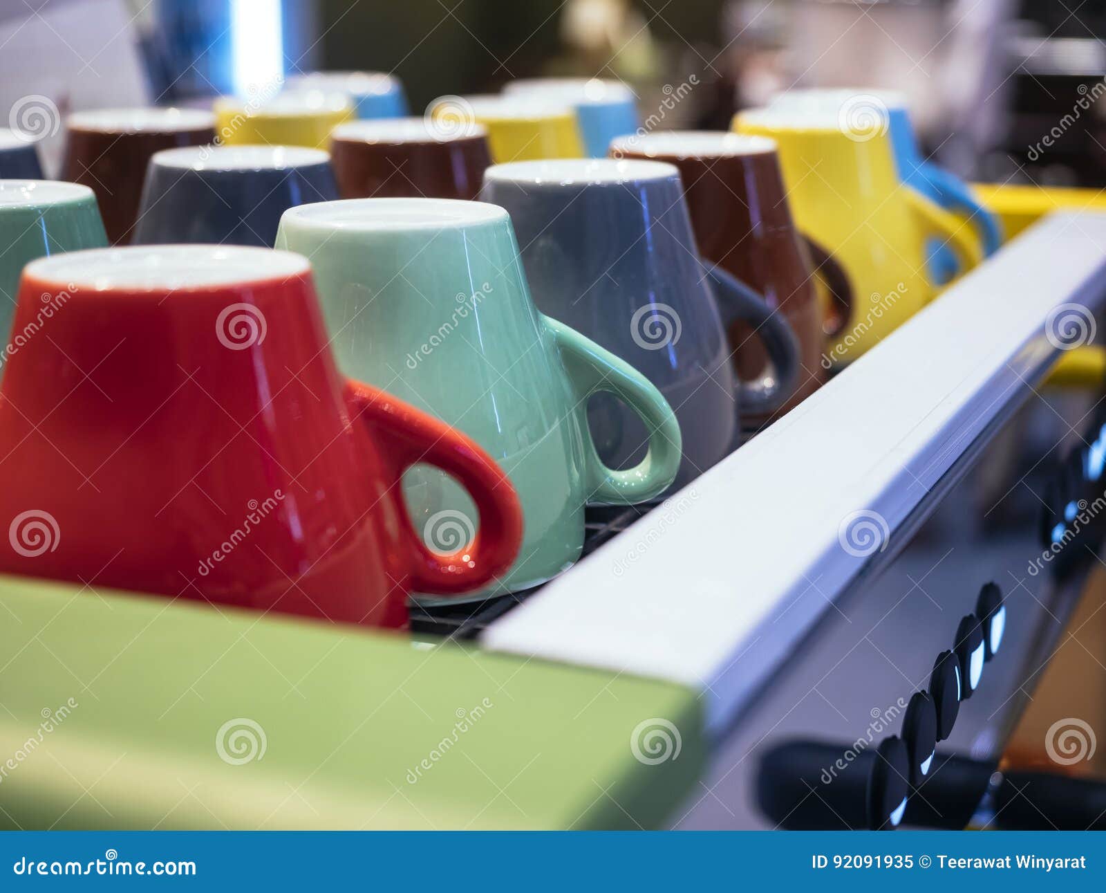 Colorful Mugs on Coffee Machine Cafe Restaurant Stock Image - Image of ...