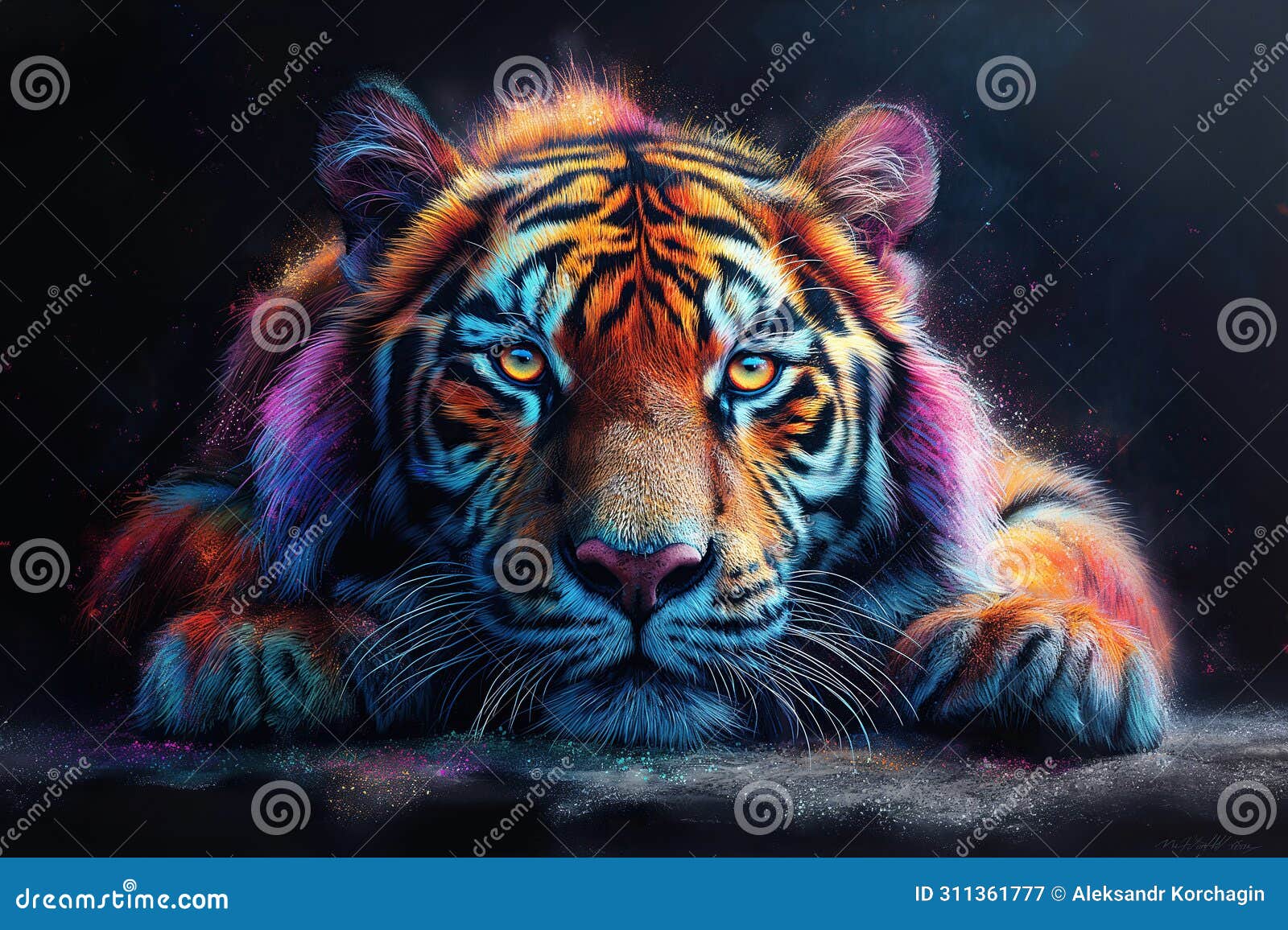 Colorful Multicolored Tiger on Black Background. Drawing for a Colored ...