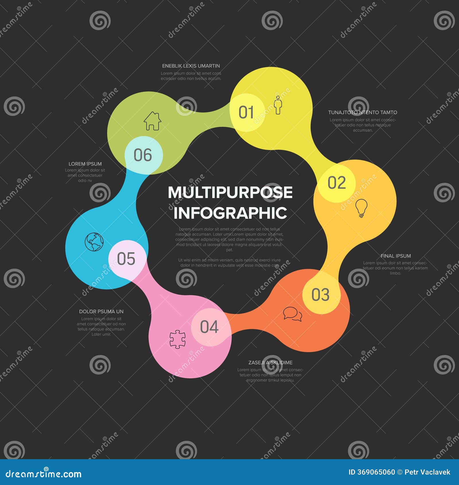 Colorful Multipurpose Infographic Design Template With Six Items And ...
