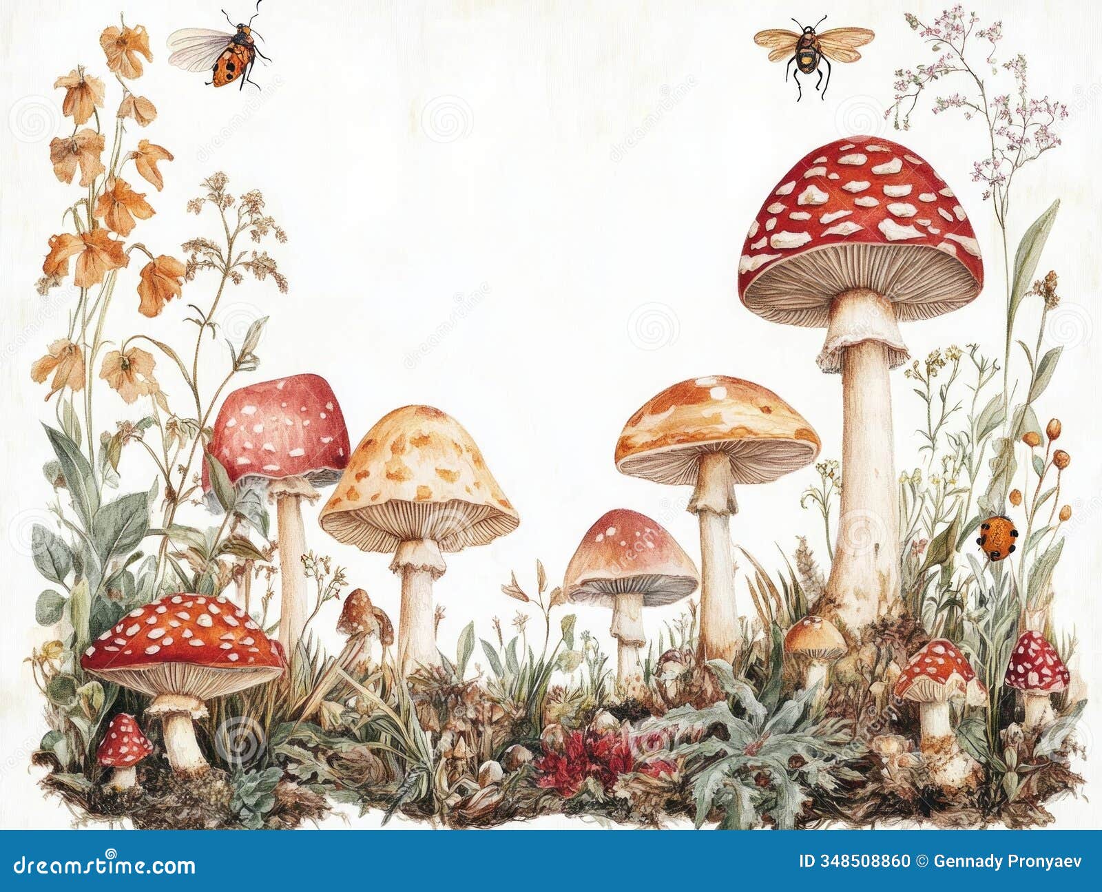 Colorful Mushroom and Insect Scene with Nature Elements in a Garden ...