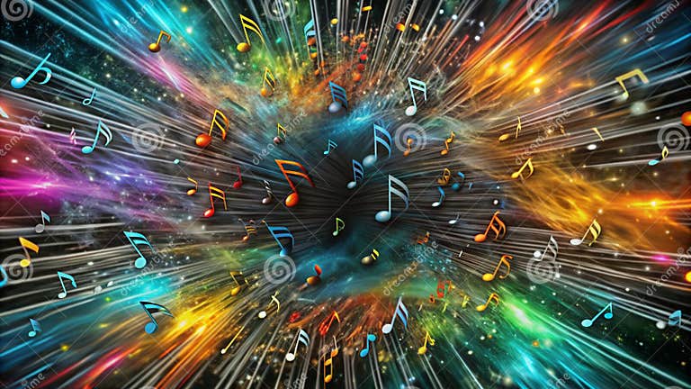 Colorful Music Notes Explode from a Black Hole in a Vibrant Abstract ...