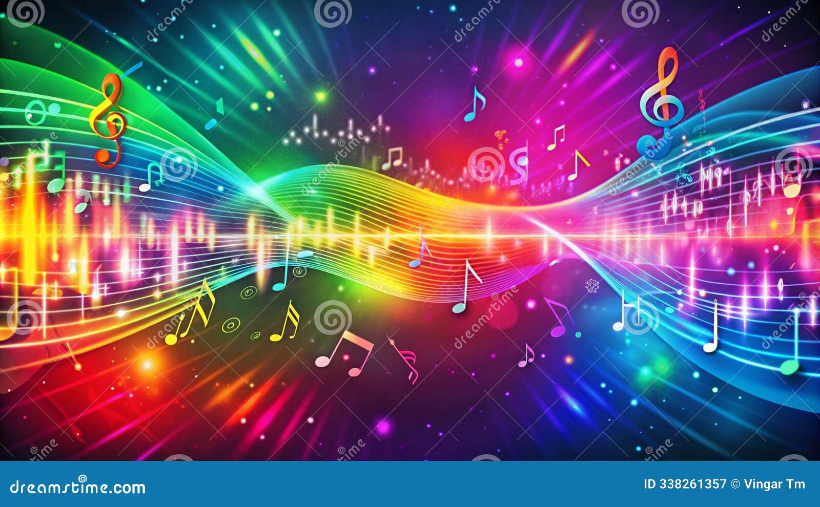 Colorful Music Notes and Waves of Light with a Vibrant Background Stock ...