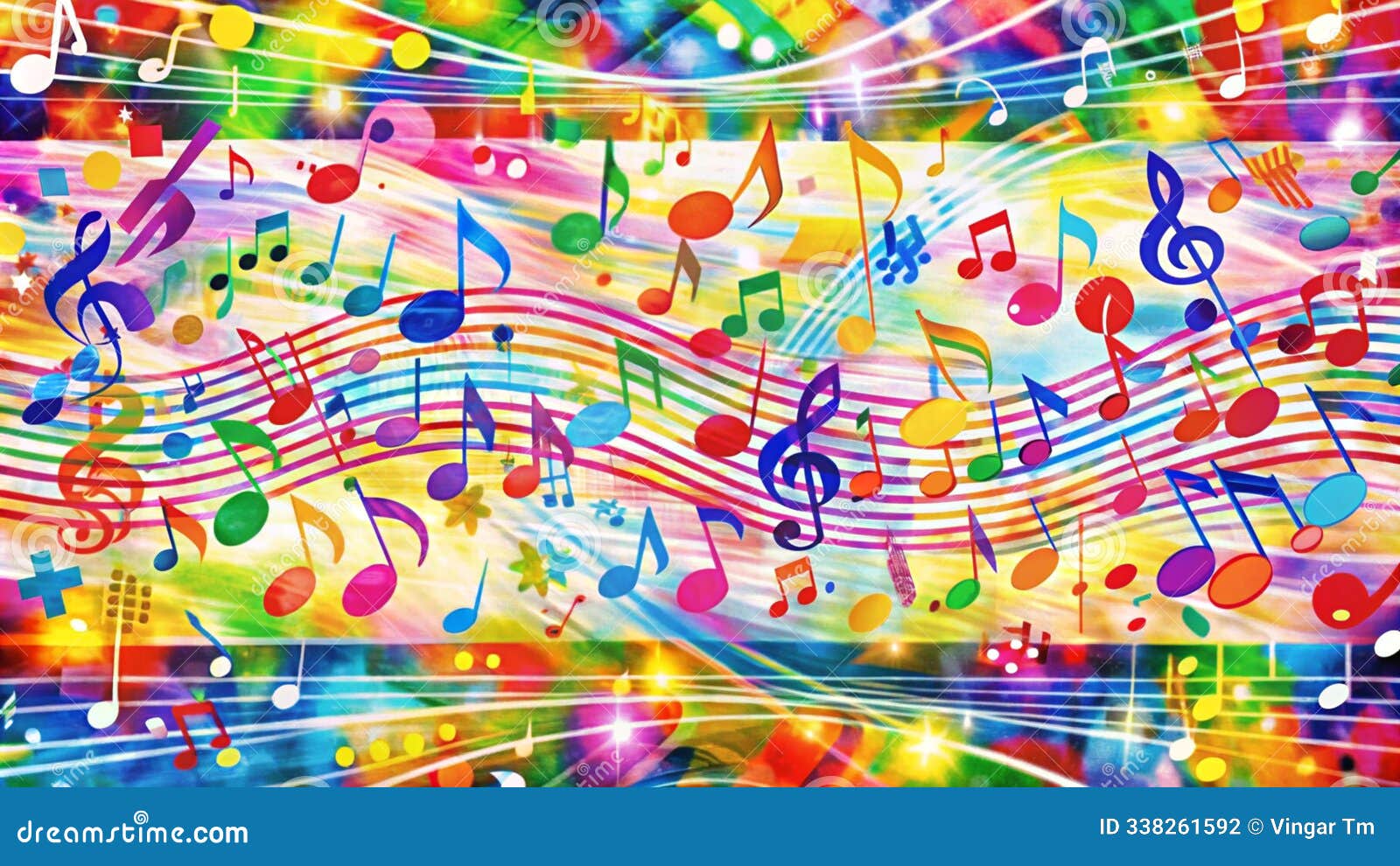 Colorful Music Notes on a Wavy Background with Sparkling Lights Stock ...