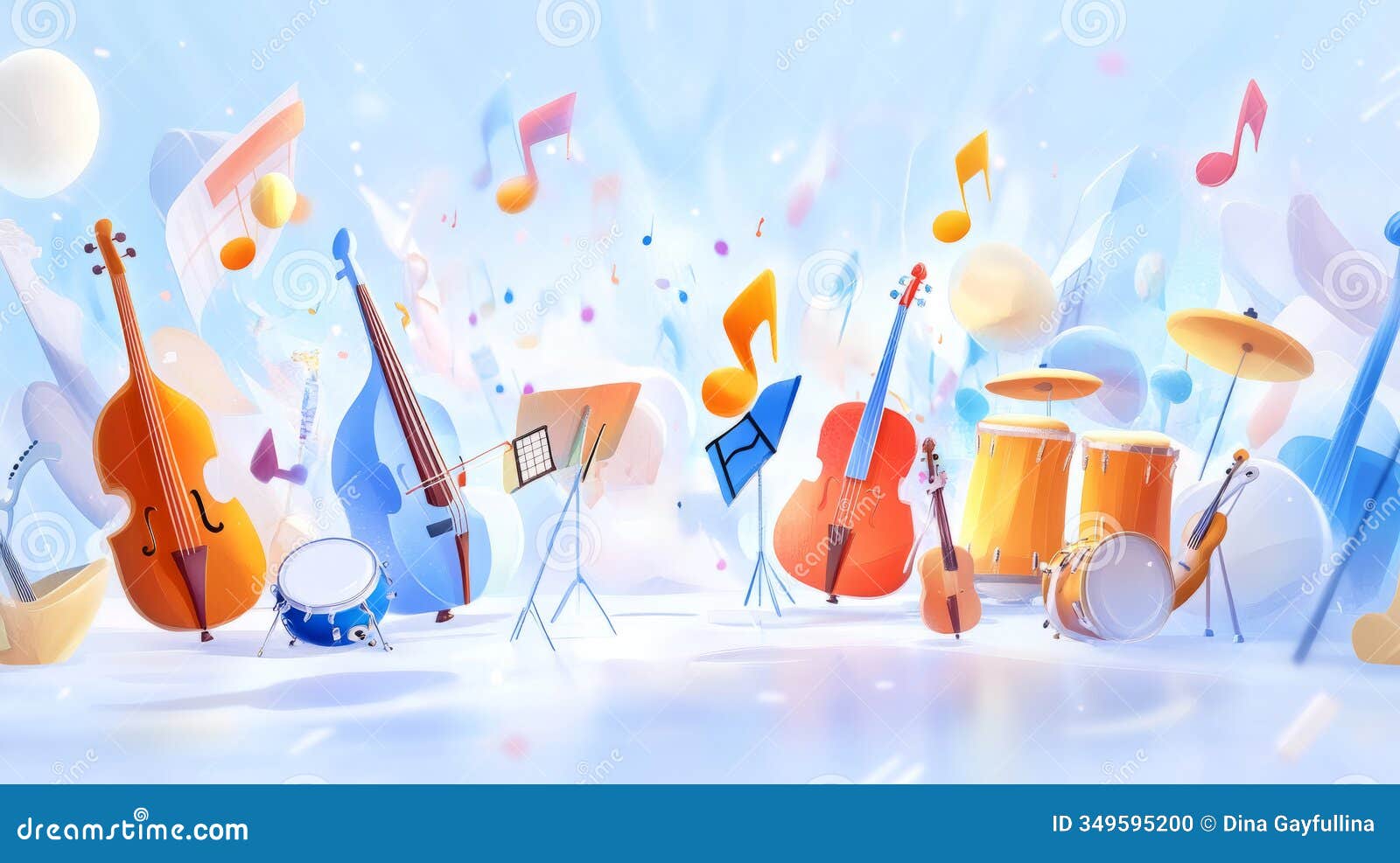Colorful Musical Instruments and Notes Floating on Stage Creating a ...