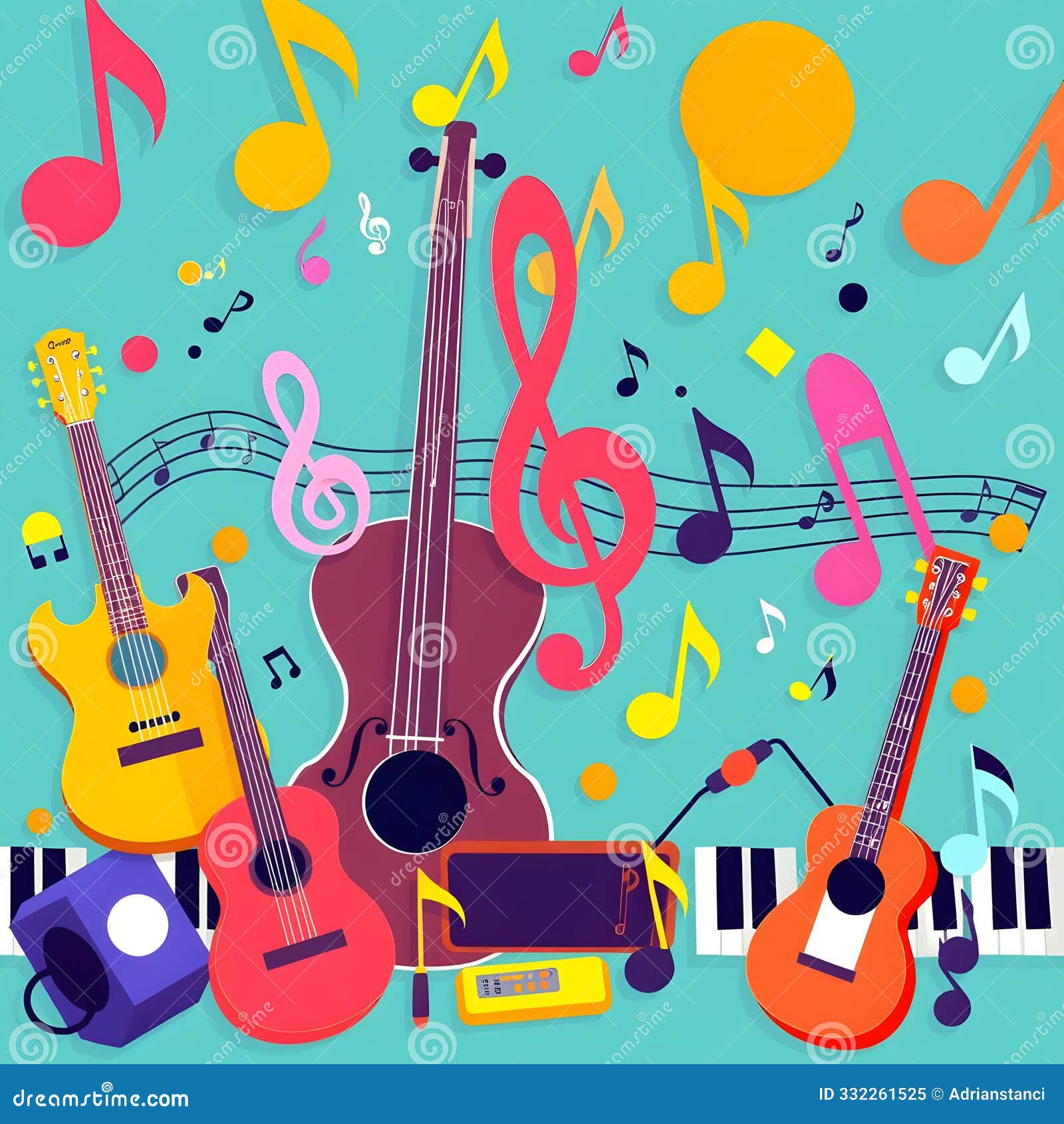 Colorful Musical Instruments with Notes and Symbols on a Bright ...