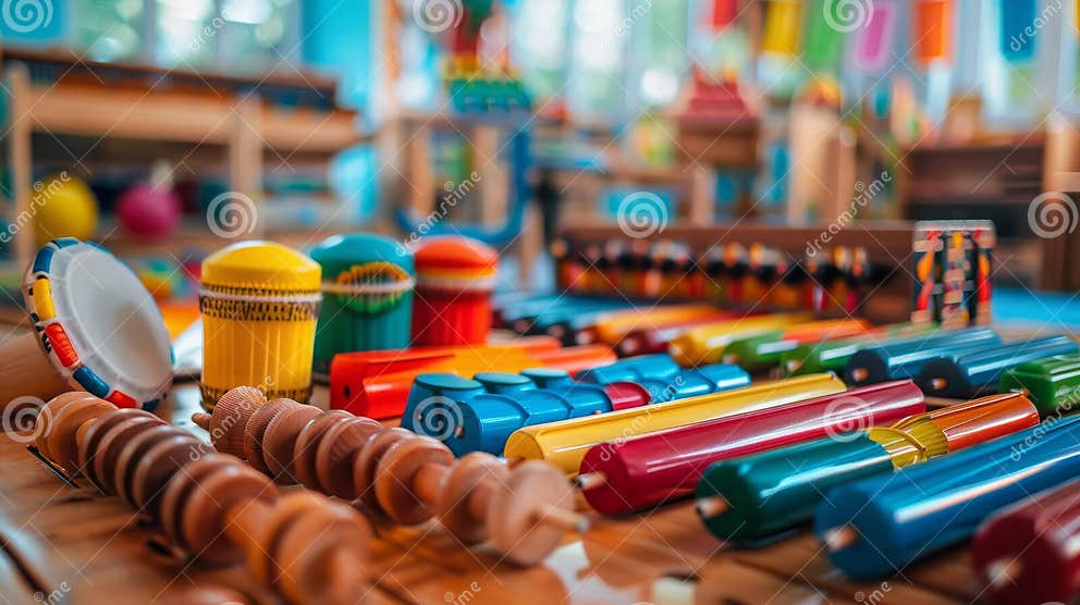 Colorful Musical Instruments on a Table. Stock Image - Image of ...