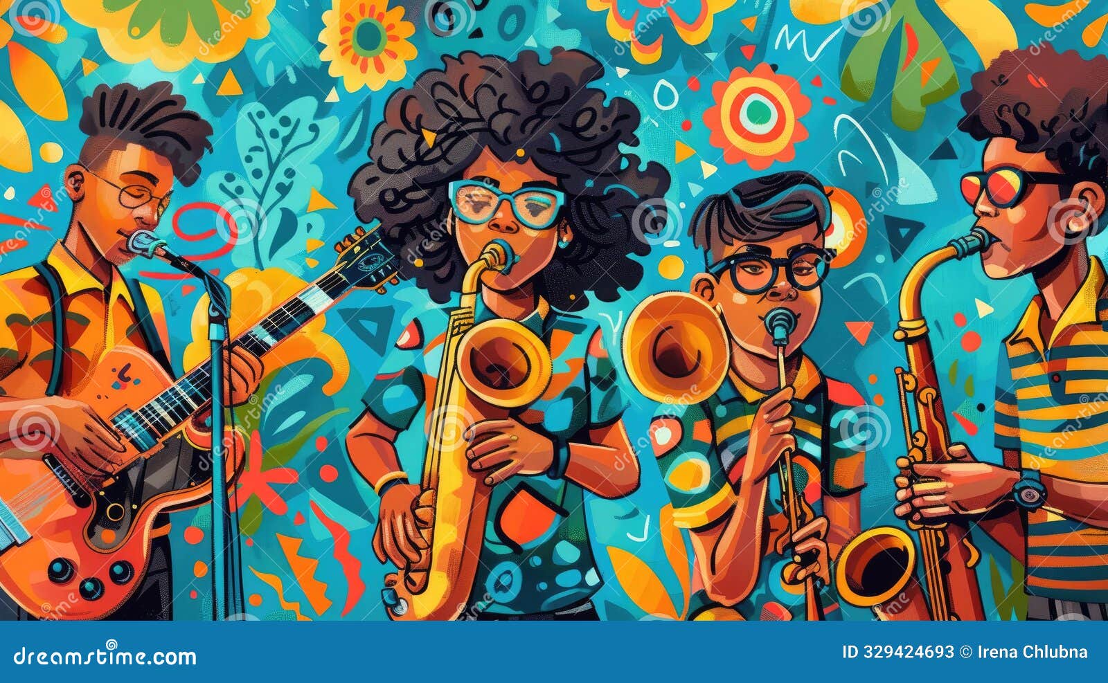 Colorful Musicians Playing Instruments on Vibrant Backdrop Stock ...