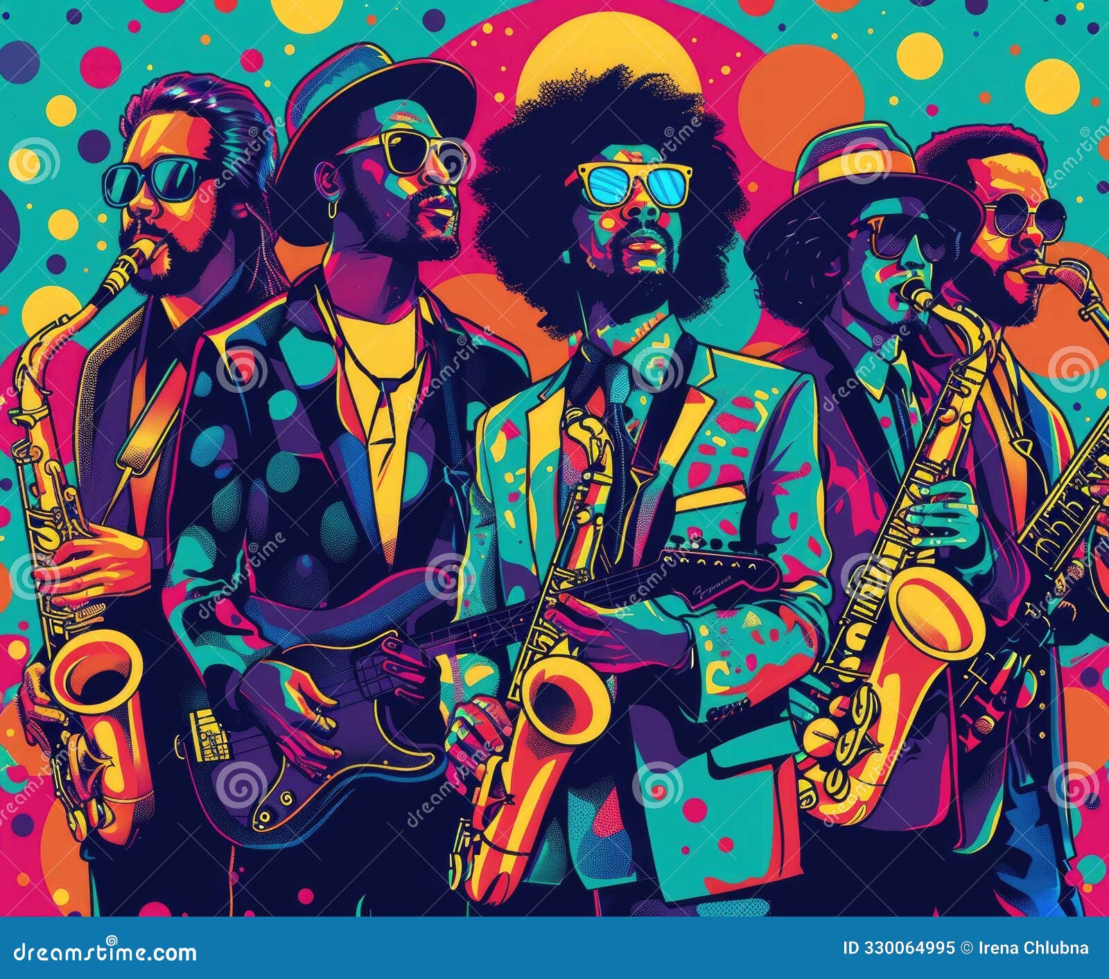 Colorful Musicians Playing Instruments on Vibrant Backdrop Stock ...