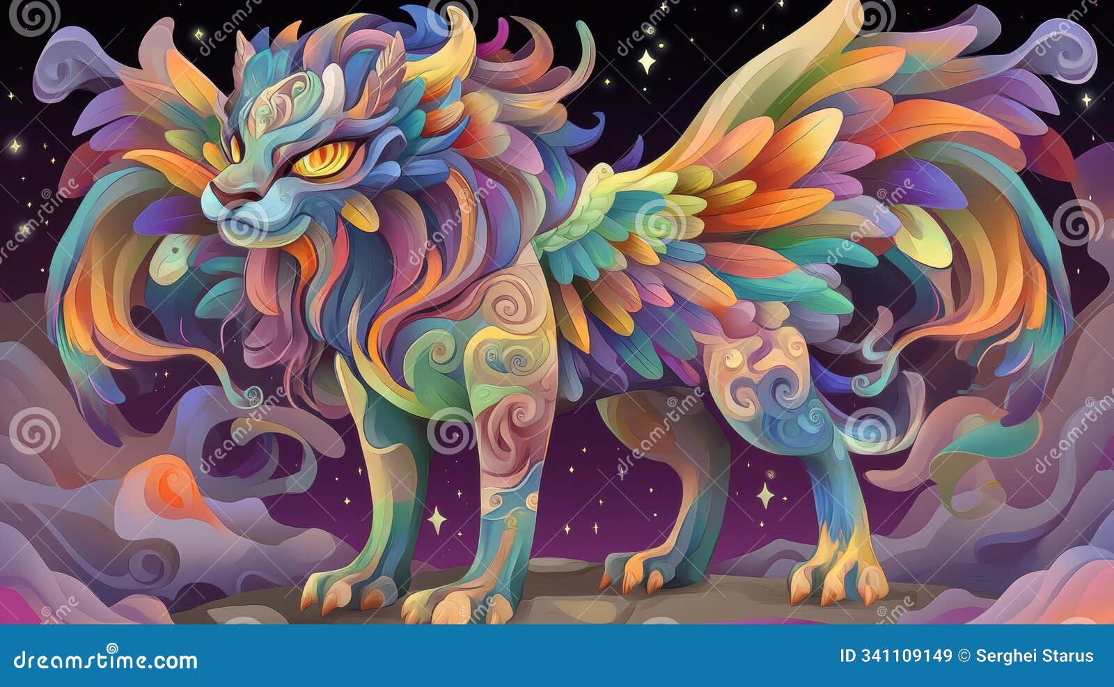 Mythical Creature with Vibrant Feathers Stands Majestically Under a ...