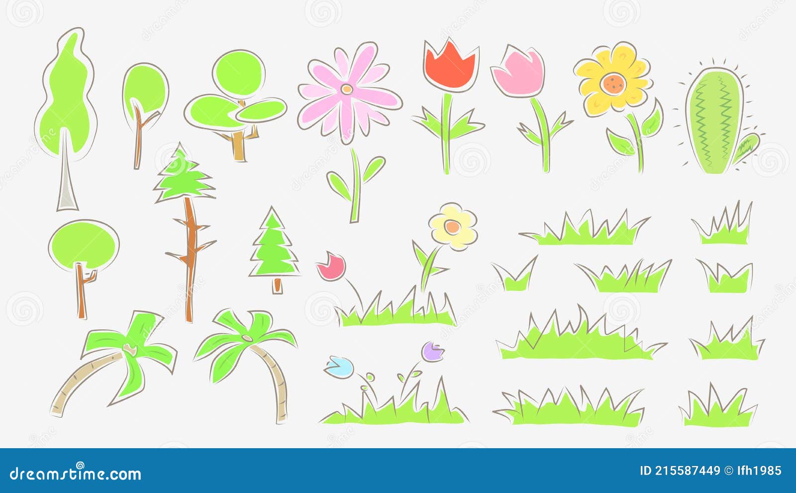 Colorful Nature Hand Drawing Style in Set Stock Vector - Illustration ...